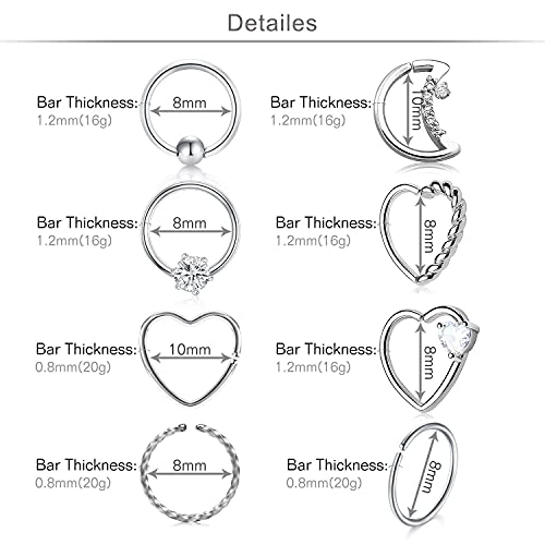 QWALIT 16g Daith Earrings Surgical Steel Tragus Helix Cartilage Piercing Jewelry Heart CZ Small Hoop Earring Silver