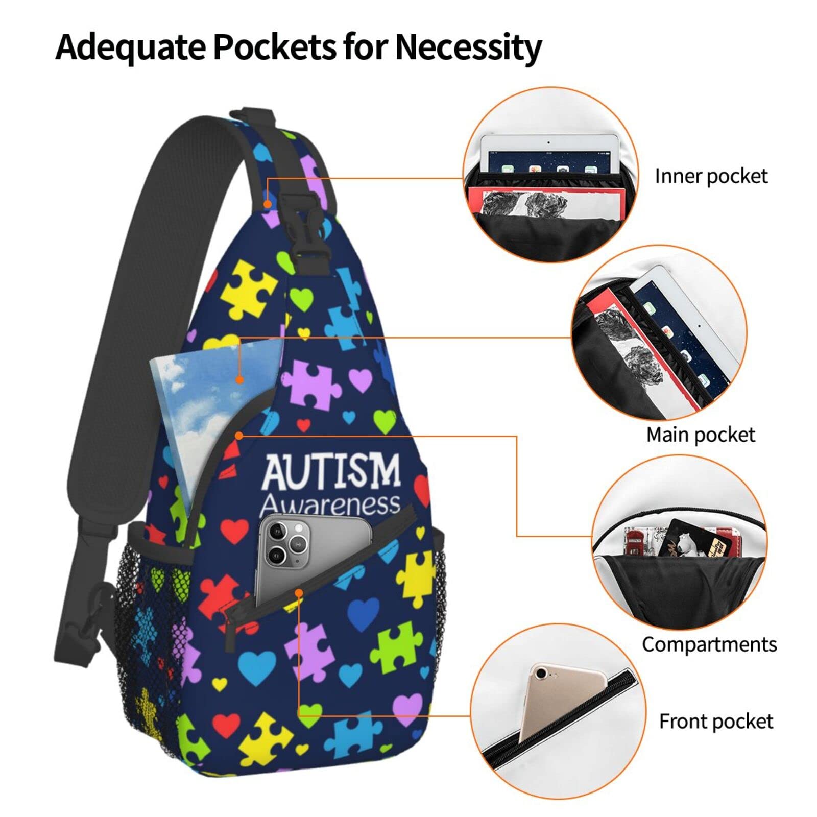 ROSIHODE Cute Autism Awareness Sling Backpack, Multipurpose Crossbody Chest Bag Shoulder Bag Travel Hiking Daypack for Men Women