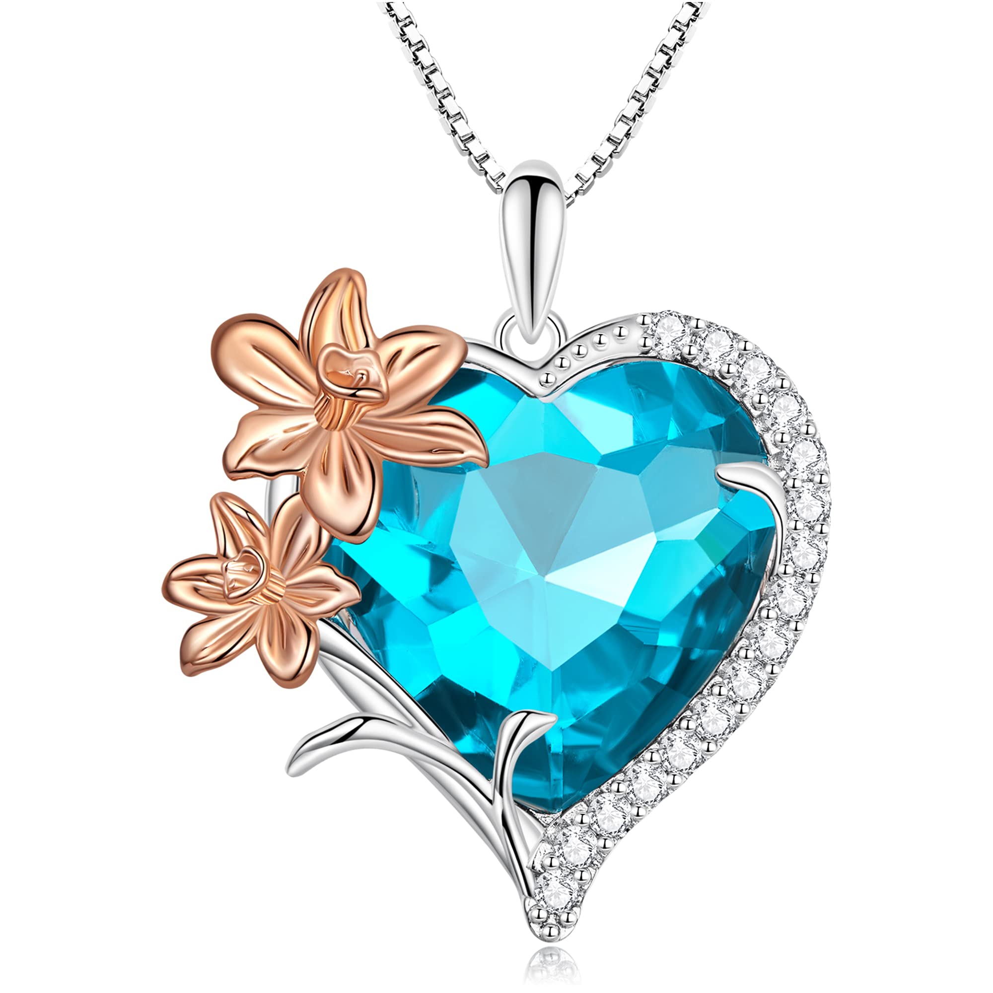 VOROCO Heart shaped crystal birthstone necklace with birthday flowers,925 Sterling Silver Pendant Love Necklace for women gifts