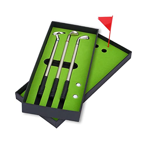 WODSOFTI 3PCS Mini Golf Clubs Ballpoint Pen Set with Golf Balls Flag Stationery Decorations Gift