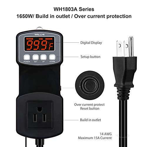 WILLHI Digital Temperature Controller Build in Outlet 1650W 110V 15A Over Current Protection Thermostat Controller Heating Cooling -58~230β for Reptile Freezer Greenhouse Temperature Control, WH-1803A