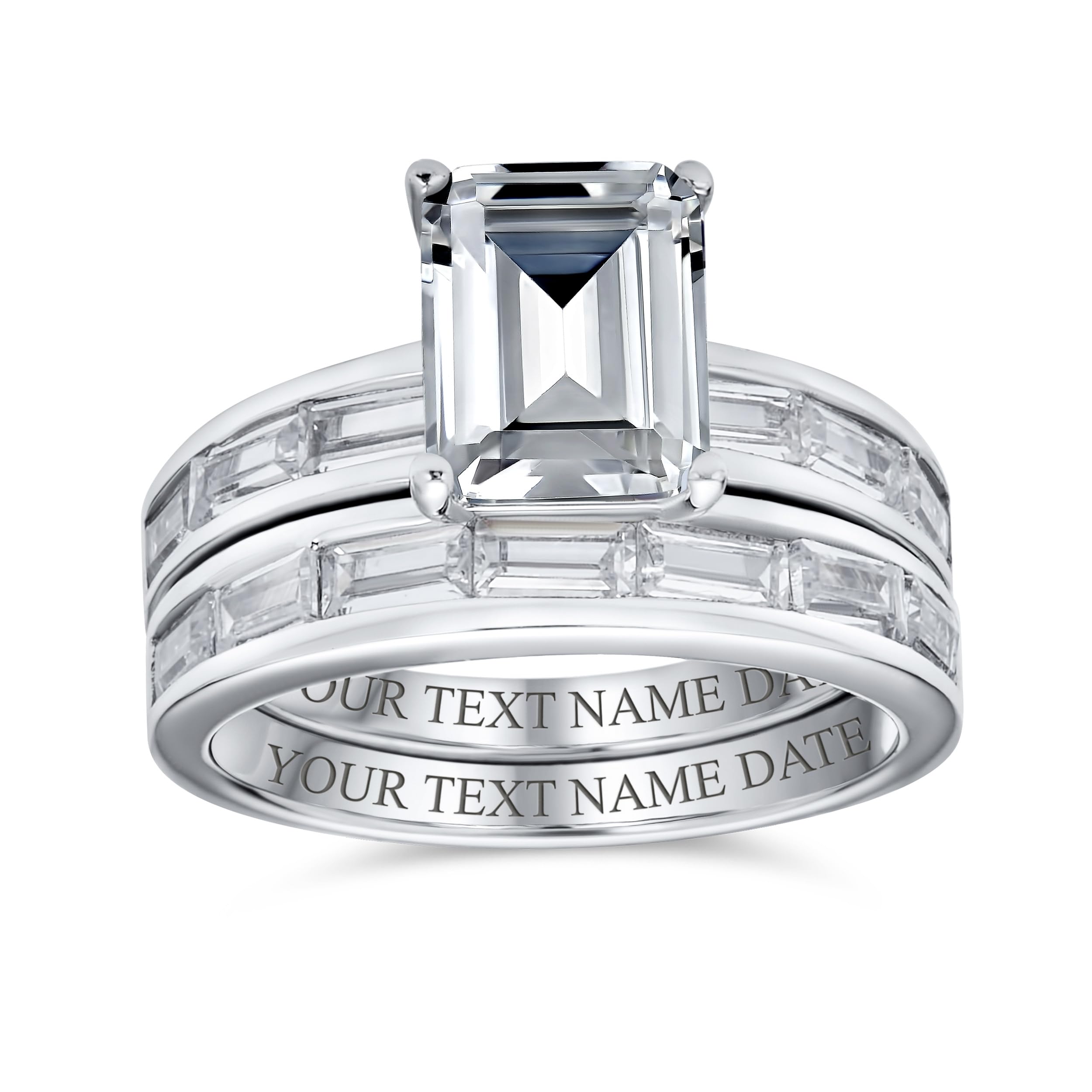 Personalize Traditional Art Deco Style 2CT Emerald Cut Baguette Wedding Band AAA CZ Anniversary Engagement Ring Set For Women .925 Sterling Silver Customizable
