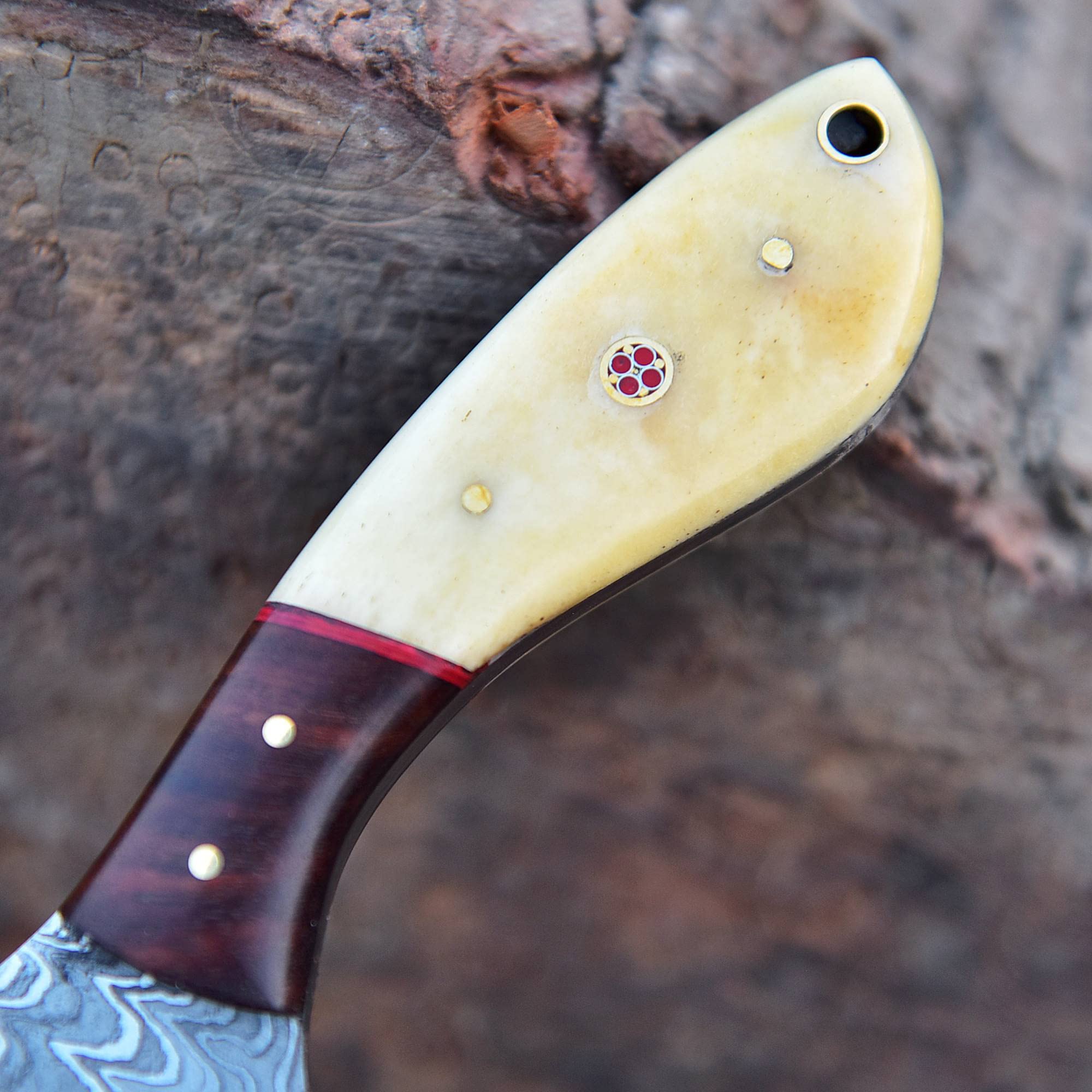 Wolf Craft WOLF CARFT Handmade Damascus Steel Hunting Knife Fixed Blade, Bone & Rose Wood Handle Damascus Steel Knife Skinning Knife With Leather Sheath