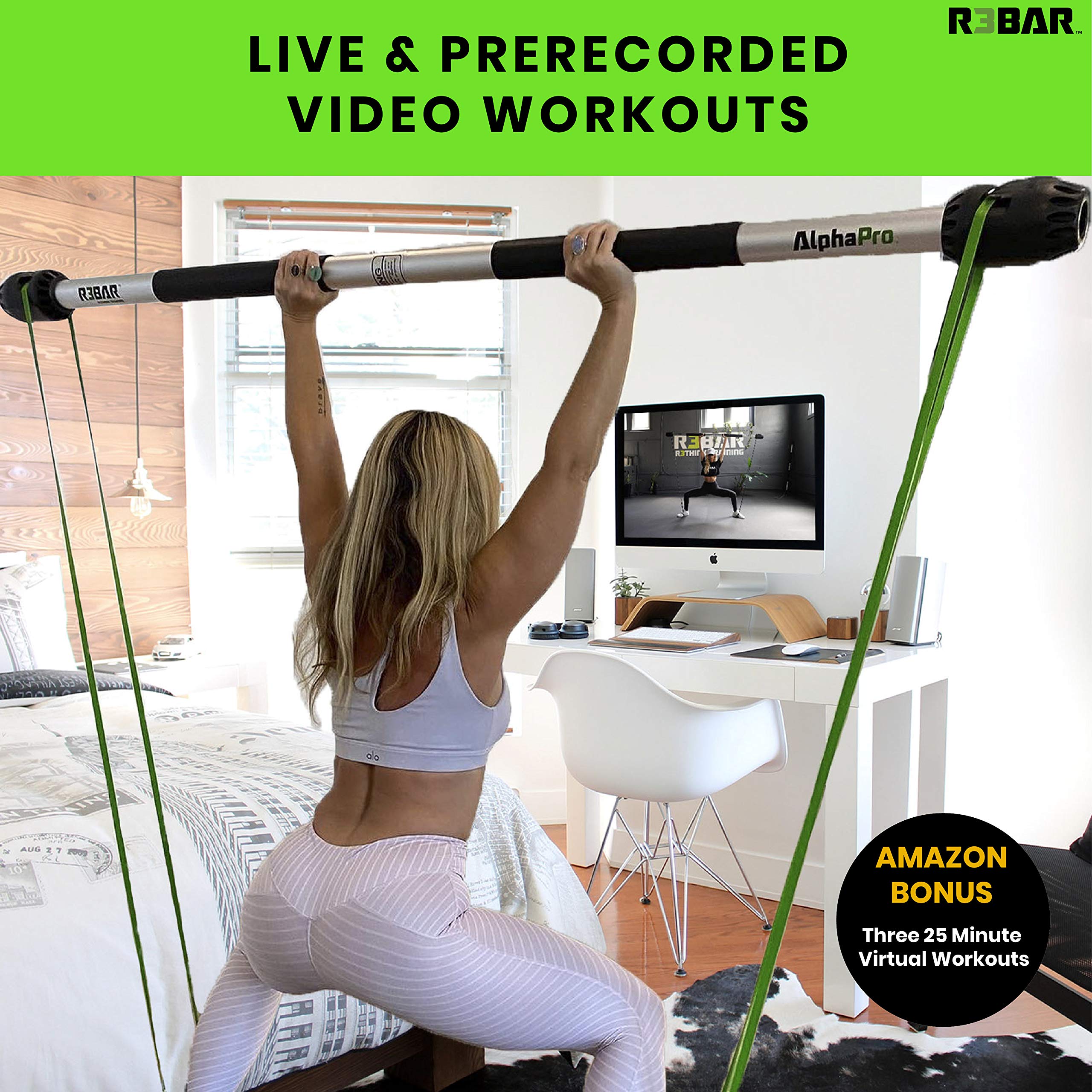 R3BAR AlphaPro Full Portable Exercise Home Gym Workout Training Equipment– Includes Bar, Resistance Bands, Travel Bag – New Amazon Bonus – 3-25 Minute Virtual Workouts Included