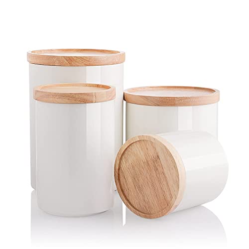 Sweejar Kitchen Canisters Ceramic Food Storage Jar Set, Stackable Containers with Airtight Seal Wooden Lid for Serving Ground Coffee, Tea, Herbs, Grains, Sugar, Salt - Set of 4 (White)