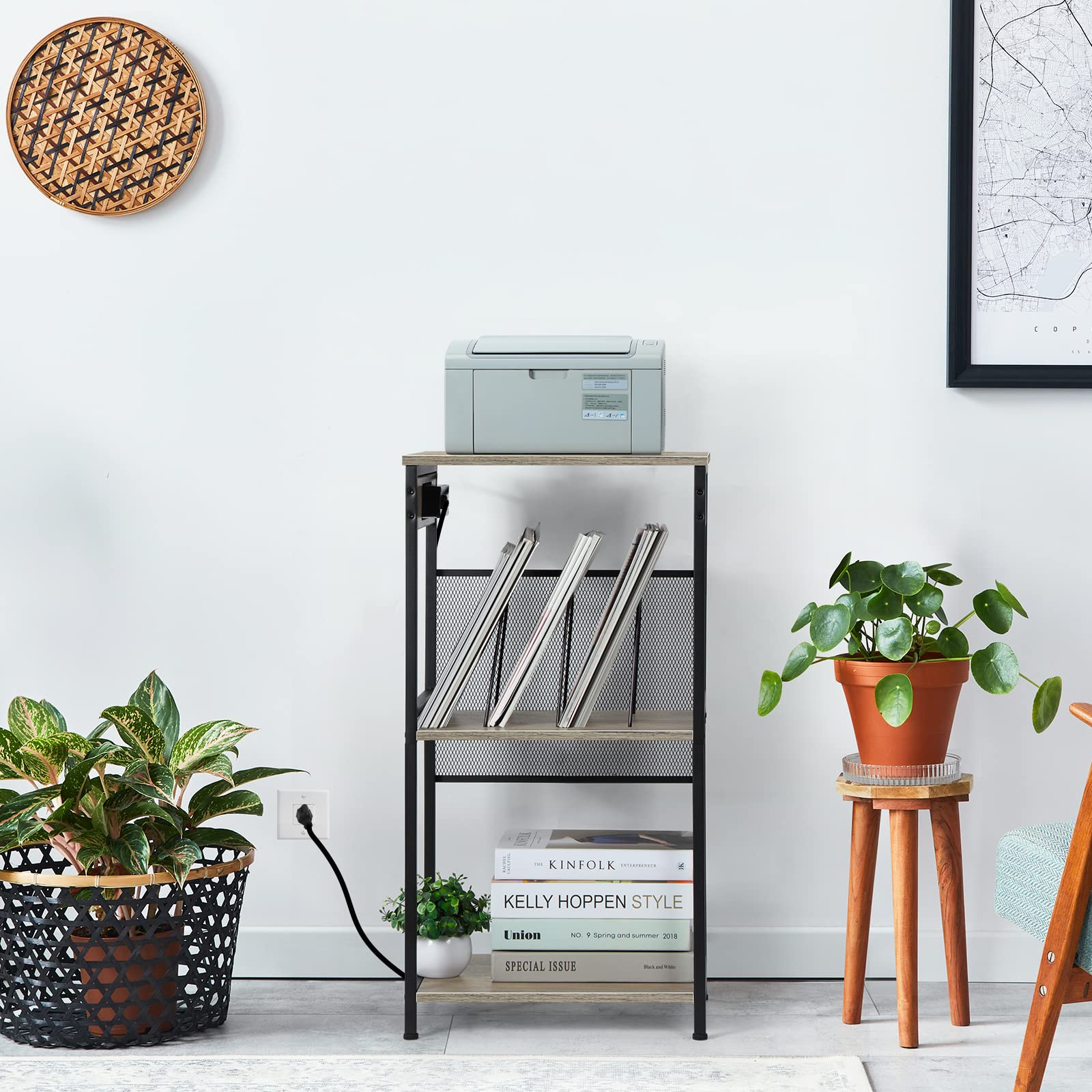Record Player Stand Turntable Stand with Record Storage Vinyl Player Stand with Charging Station Grey Nightstands with USB Modern End Table for Living Room Bedroom Office