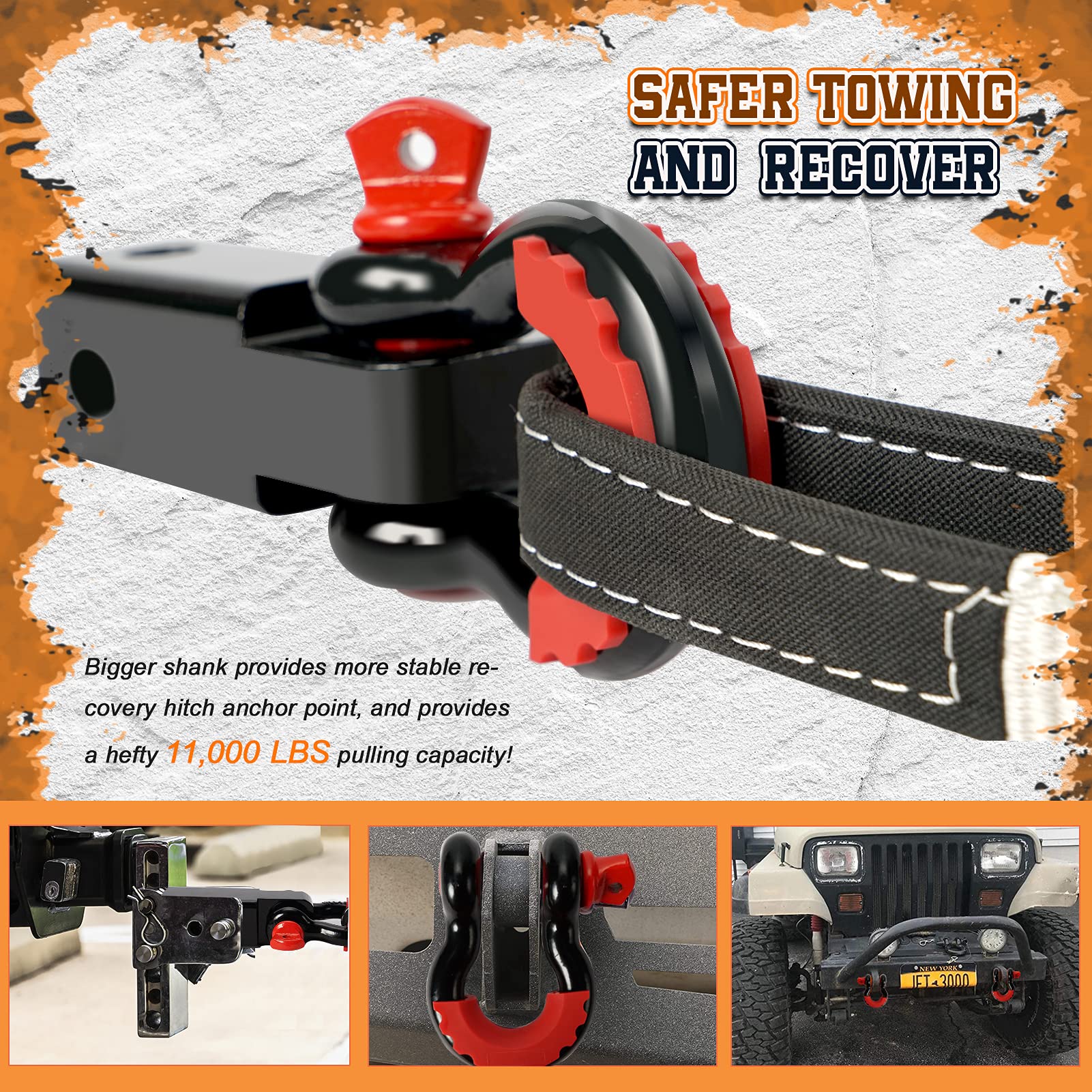 ORCISH 6 Recovery Shackle Block Assembly 2 INCH Double Hole Powder Coat RED - Hitch Receiver Block - Proudly Made in The USA with US Certified Materials - Includes Hitch pin and D-Ring
