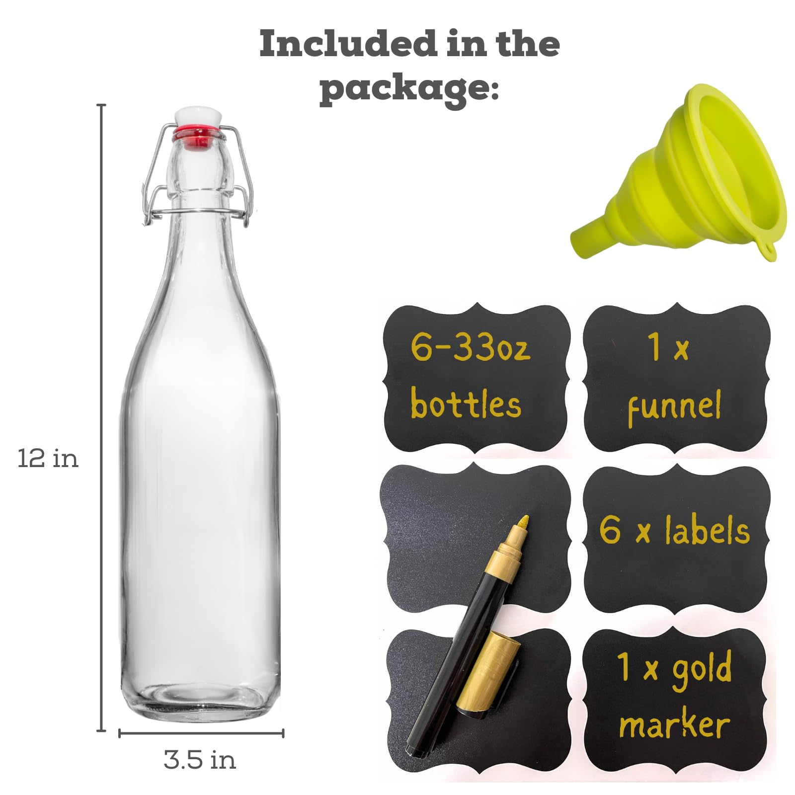 WILLDAN Giara Glass Bottle with Stopper Caps, Set of 6-33.75 Oz Swing Top Glass Bottles for Beverages, Oils, Kombucha, Kefir, Vinegar, Leak Proof Lids