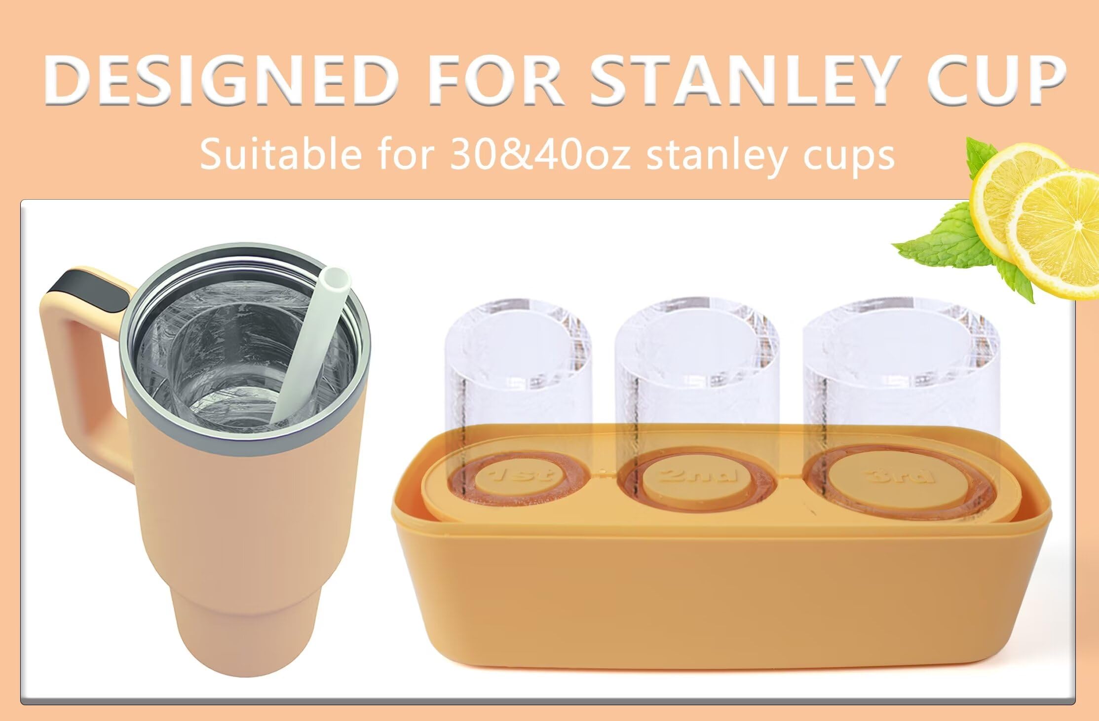XZYLY Ice Cube Tray for Stanley Cup,Ice Mold with Lid & Bin for 30&40 oz Stanley Tumblers Accessories,Easy Release Silicone Ice Maker for Ice Drink,Juice,Whiskey,Cocktail,Summer Gifts,Yellow