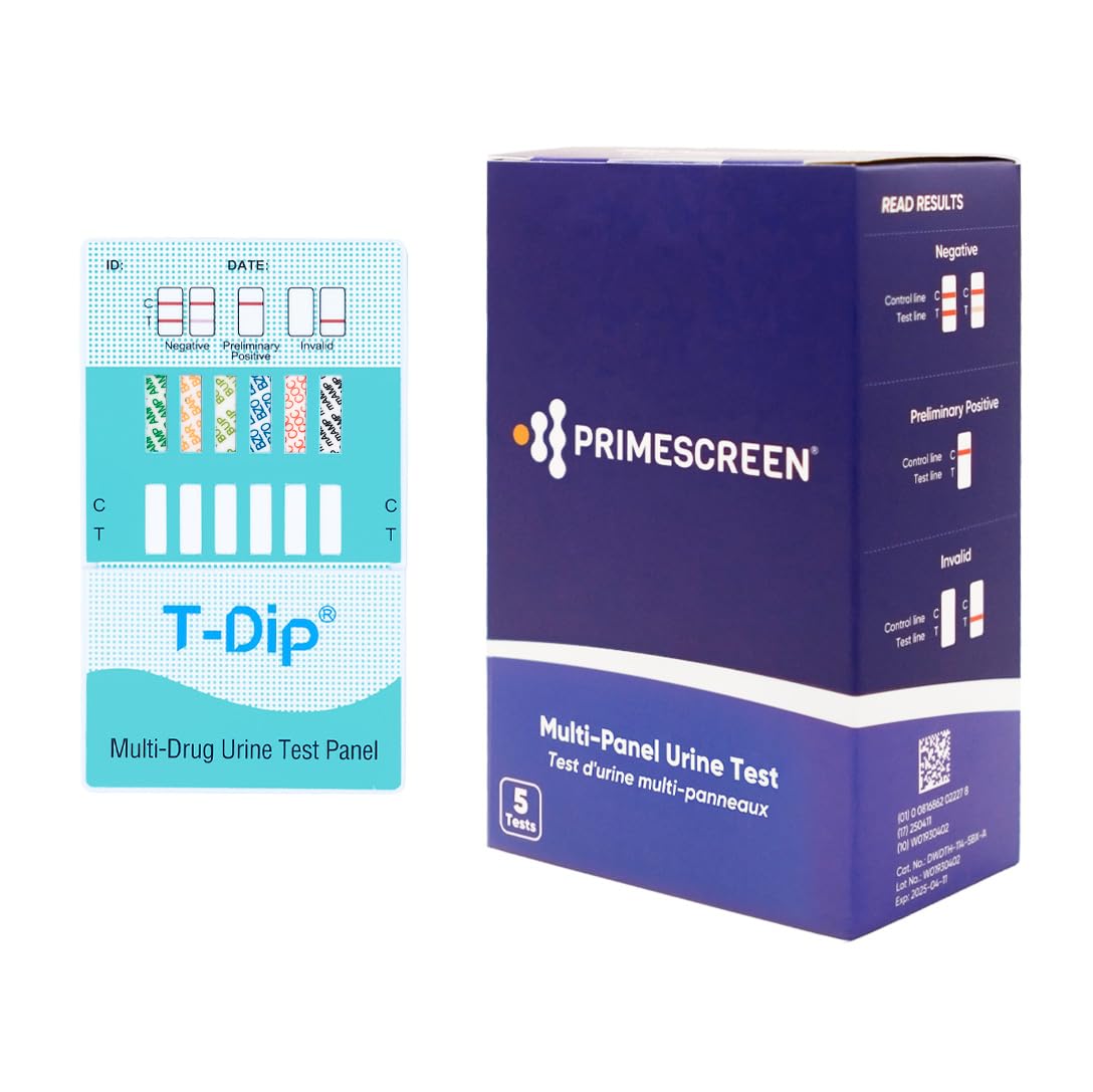 Prime Screen [5 Pack] 12 Panel Urine Drug Test Kit (AMP, BAR, BUP, Benzos BZO, COC, mAMP, MDMA, MOP, MTD, OXY, PCP, Marijuana THC) - WDOA-6125