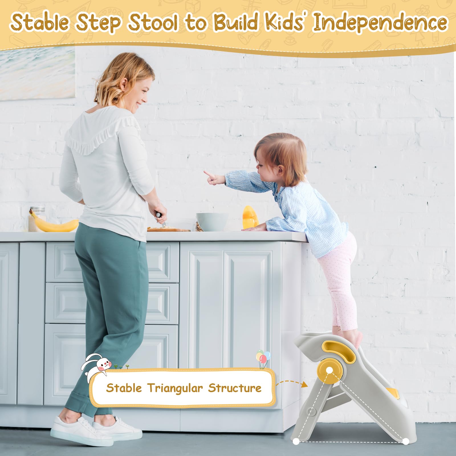 Step Stool for Kids, Foldable Anti-Slip 2-Step Stool for Toilet Potty Training, Sturdy Child Step Stool with Handles to Reach Kitchen Counter, Bathroom Sink, and Toddler Bed, White and Orange