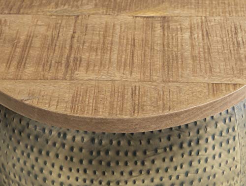 Powell Hammered Gold Drum with Natural Wood Lift Top for Storage Janice Table