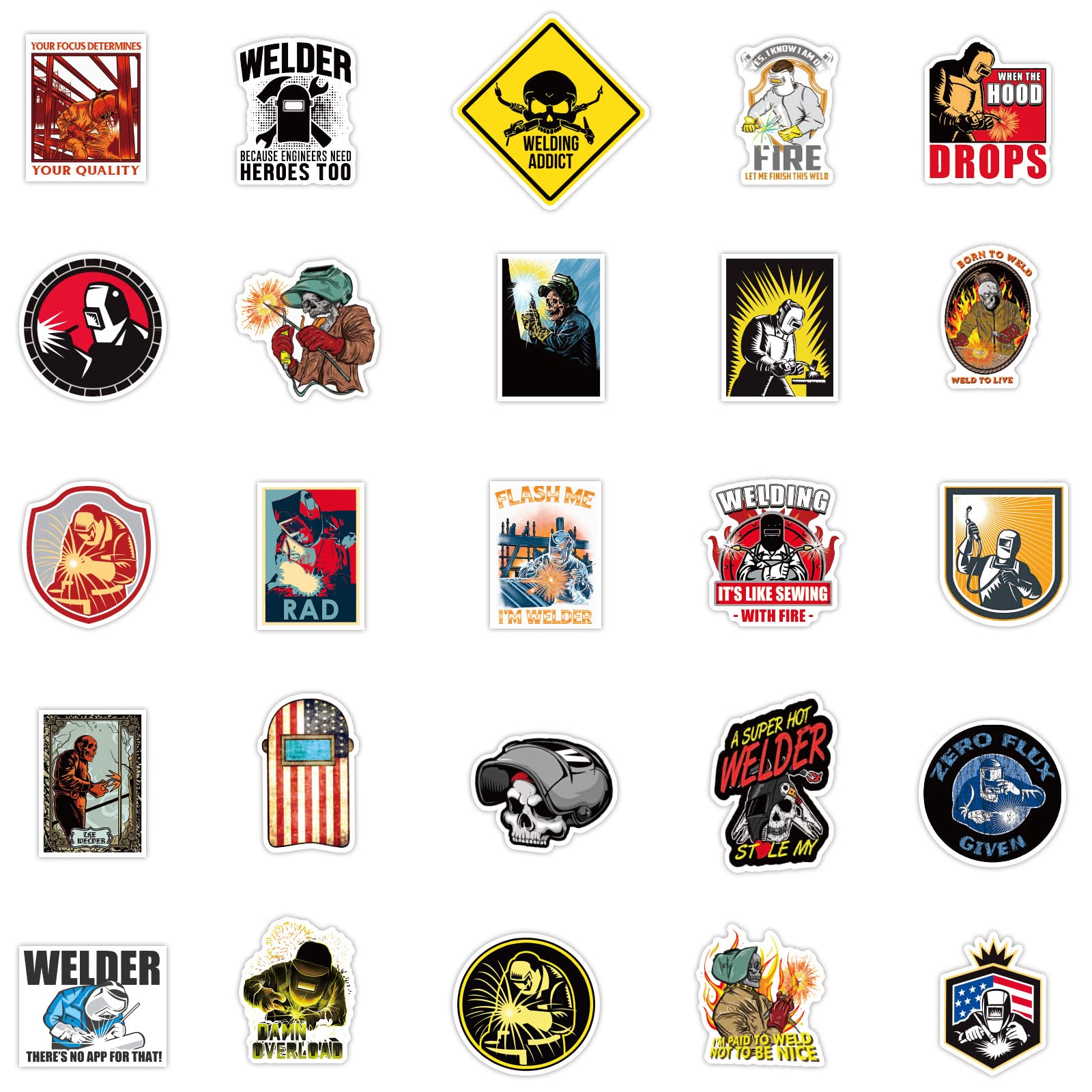 WAIO Welder Stickers 52PCS Funny Hard Hat Worker Welding Decals Pack for Water Bottle Helmet Tool Box Skateboard Decors