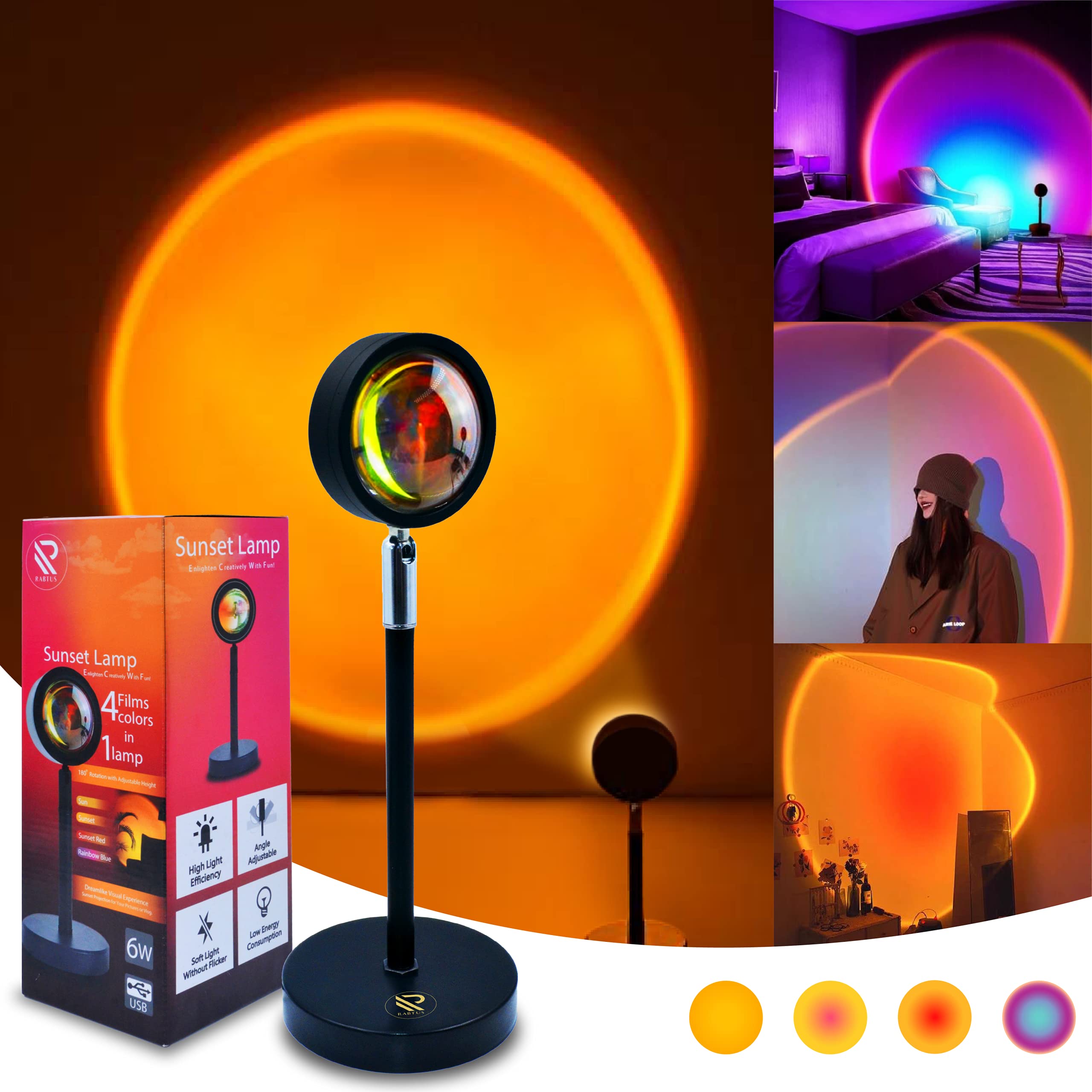 Sunset Lamp LED Sunset Projection Lamp 180 Degree Rotation Adjustable Height Night Rainbow Light USB Projector Golden Hour Artistic Sunlight Lamp Home Living Room Décor Sunset Light for Photography