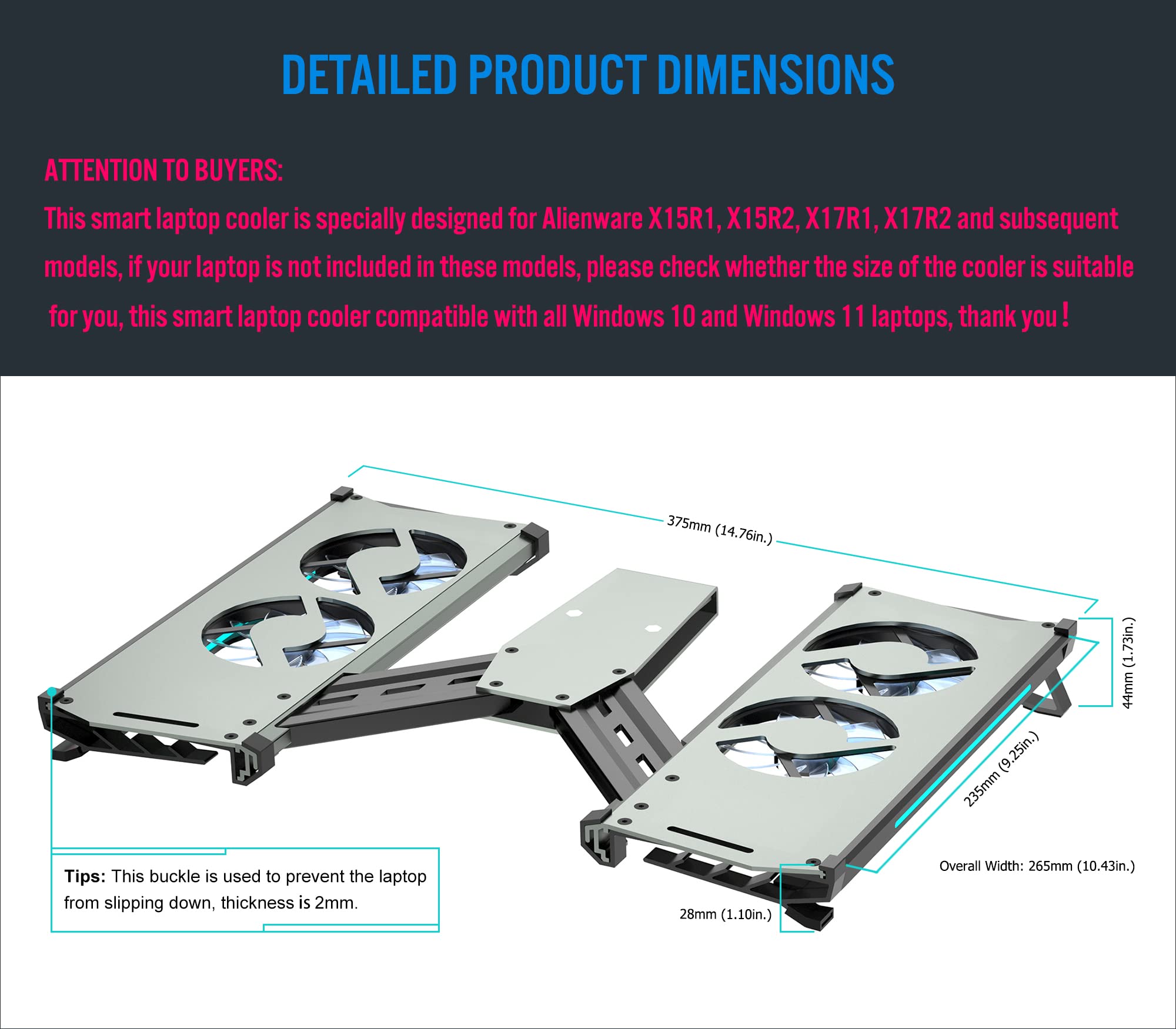 Smart Laptop Cooling Pad 15"-17" Cooler Pad, Compatible with Alienware X15R1, X15R2, X17R1, X17R2 (LTC-AWU-X1)