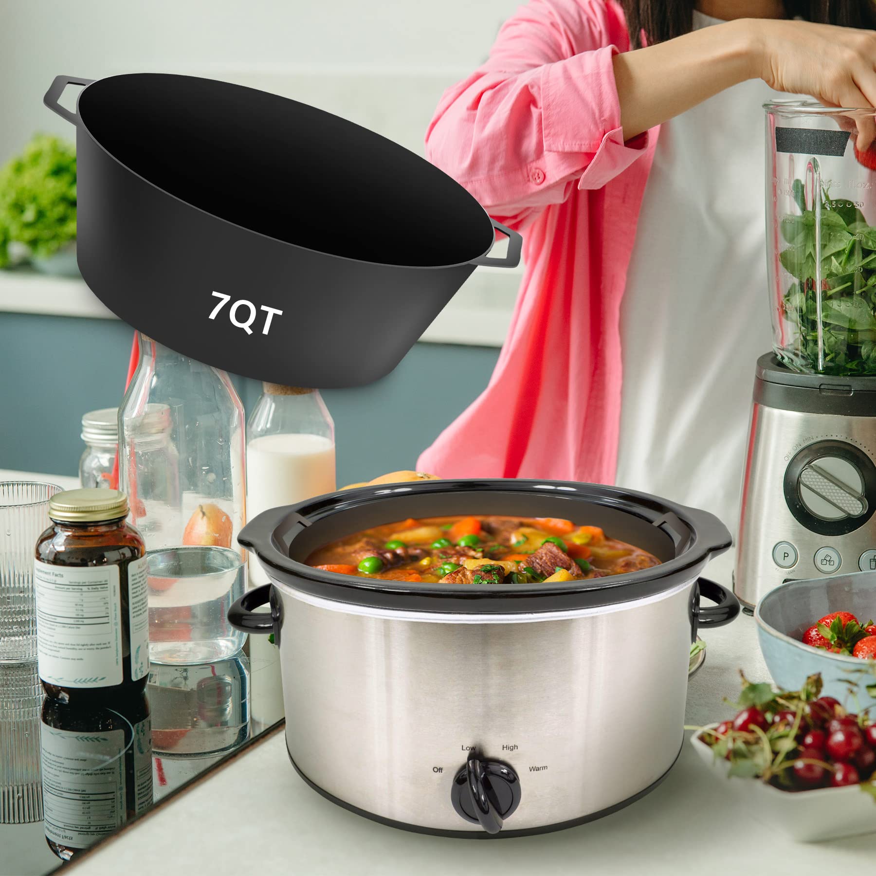 Slow Cooker Liners fit Crock-Pot 7-8 Quart Oval Slow Cooker, Reusable & Leakproof Dishwasher Safe Cooking Liner with Double Handle of Slow Cooker Liners fits 7-8QT Crock Pot