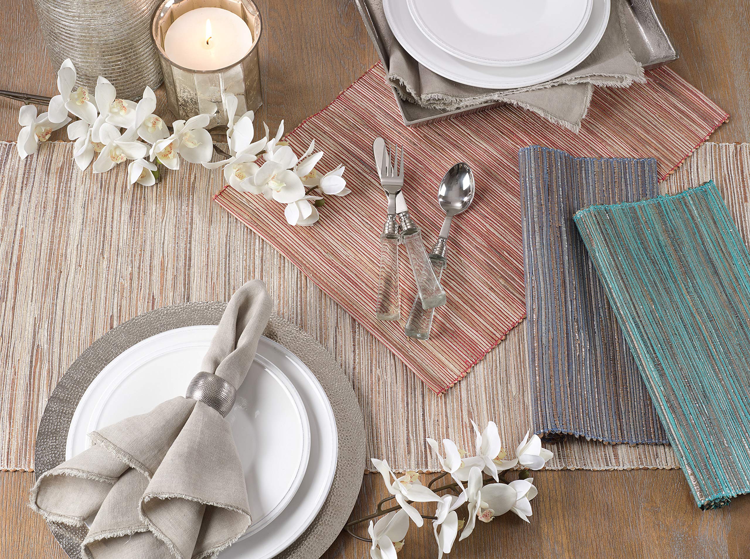 SARO LIFESTYLE 217.TQ14108B Melaya Collection Shimmering Woven Nubby Water Hyacinth Table Runner, 14" x 108", Turquoise