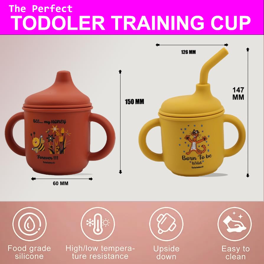 TeleiotesĀ® 2 Pcs Silicone Sippy Cup for Toddler,Transition Straw Cups for baby 6 months +,Training Sippy Cups for Babies with Two Handles,Dishwasher & Microwave Safe,BPA Free 5oz