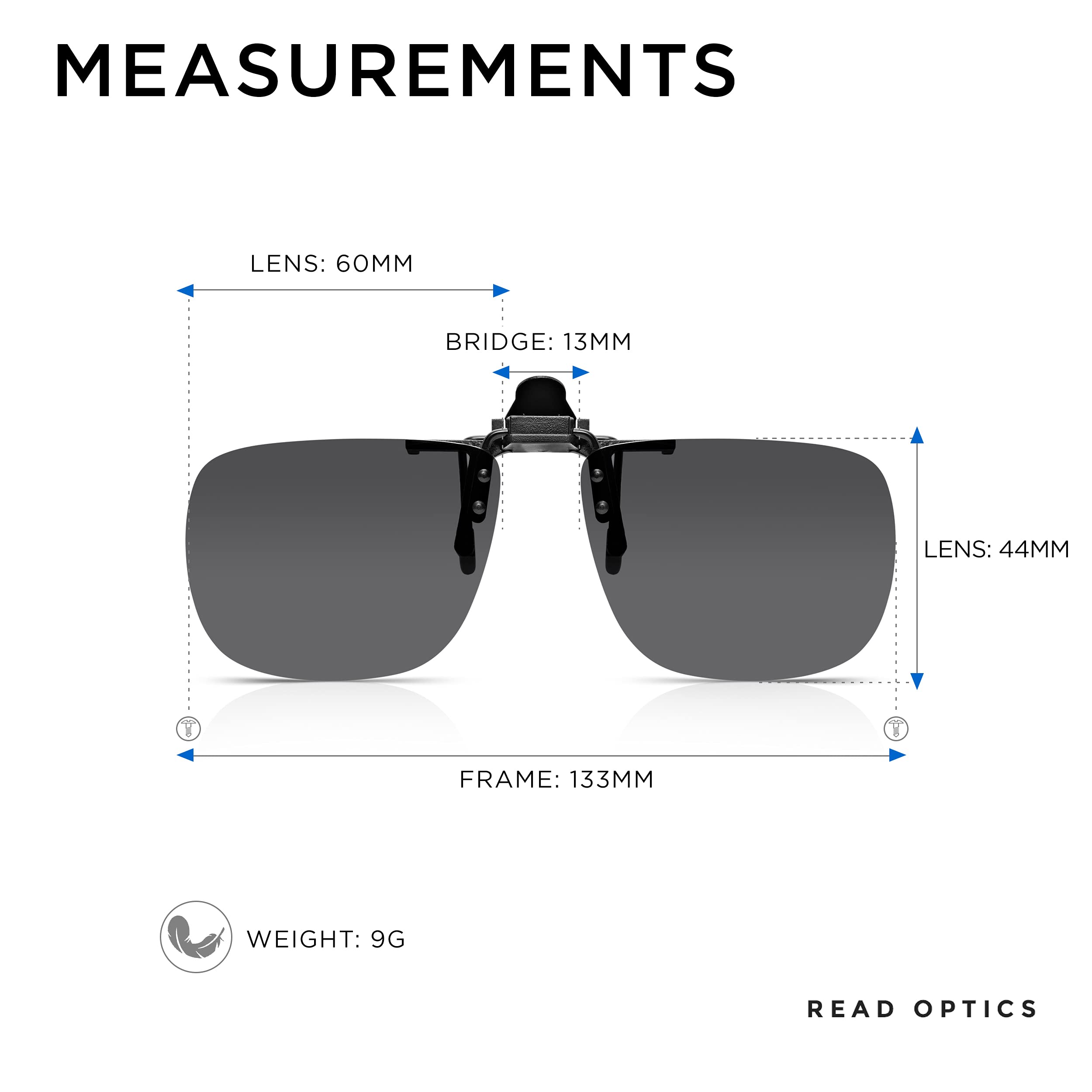 READOPTICS Clip on Sunglasses for Prescription or Non Prescription Specs, Polarized UV Protection, Flip Up Lightweight Lenses Attach Easily. 2 Pack Read Optics