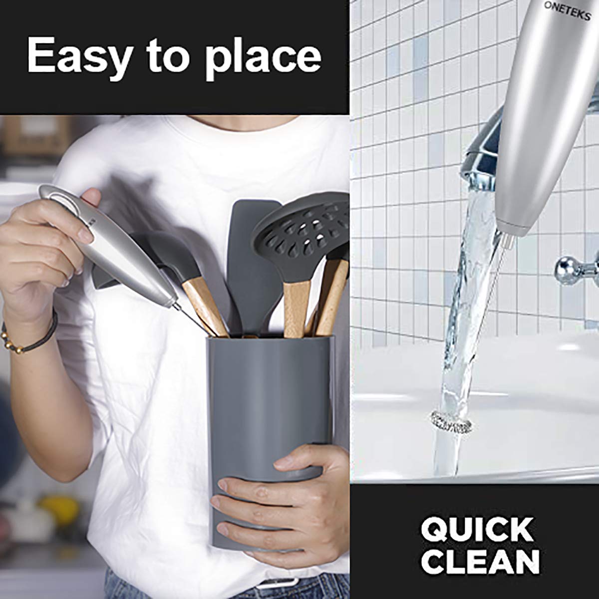 ONETEKS Milk Frother Handheld Battery, Electric Hand Foamer Blender Durable Drink Mixer including Stand, Maker For Coffee, Latte, Cappuccino, Hot Chocolate(Silver)