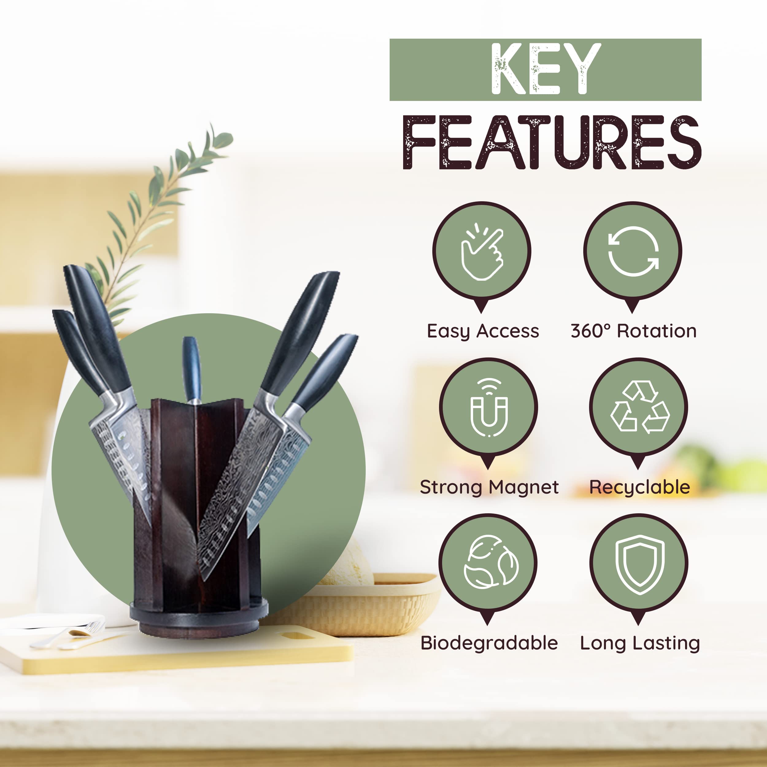 SPIN & SLICE Rotating Magnetic Knife Block: Minimalist, Sleek & Unique Design - Eco Friendly Bamboo - Fits more than 5 Knives - An Essential Kitchen Companion