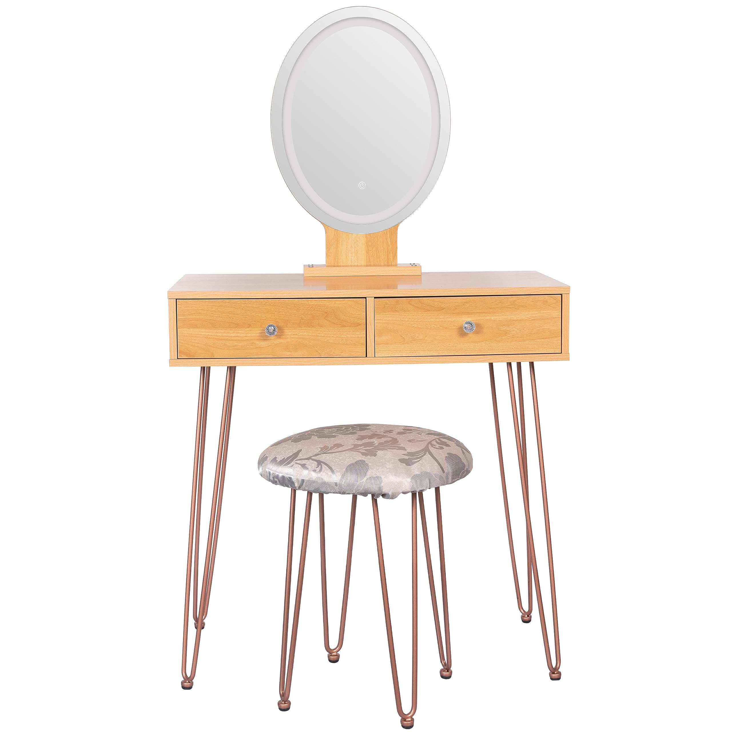 Petfu Vanity Set, Dressing Table and Chair with 3-Color Dimmable Lighted Mirror, Makeup Desk with 2 Drawers and Padded Stool, Natural