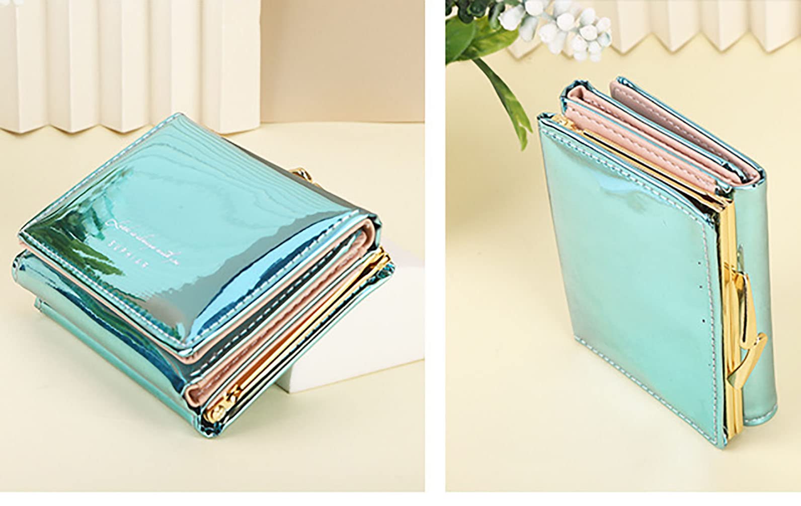 YaJaMa Bright Pearlescent Women Wallet Small Trifold PU Leather Short Credit Card Case Holder Organizer Coin Purse with ID Window (Blue)