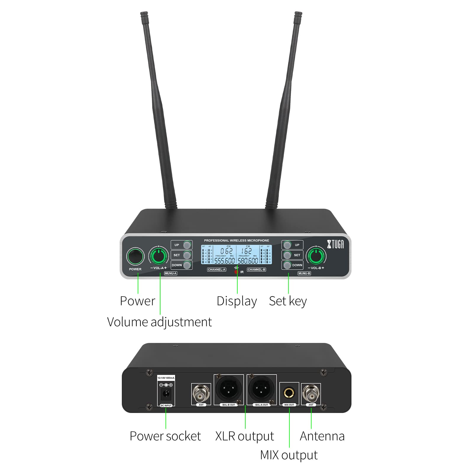 XTUGA 2x100 Channel UHF Wireless Microphone System,Dual Wireless Mics Dynamic Handheld Microphone, Auto Scan, 328ft for Church/Karaoke/Weddings/Events