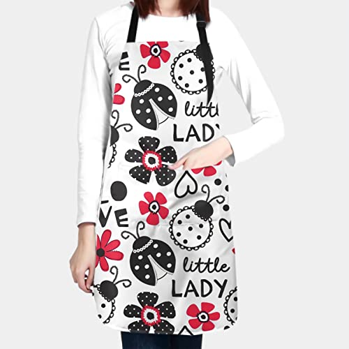 Valentine's Day Love Flower Kitchen Apron -Little Ladybug Cooking Bib Aprons Waterproof Chef Apron for Grilling Baking Gardening Adjustable Neck Strap