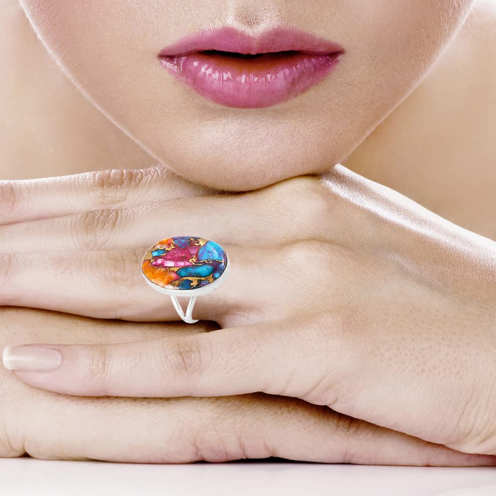 Turquoise Ring in Sterling Silver 925 Genuine Gemstones (8, Rainbow Spiny Turquoise)