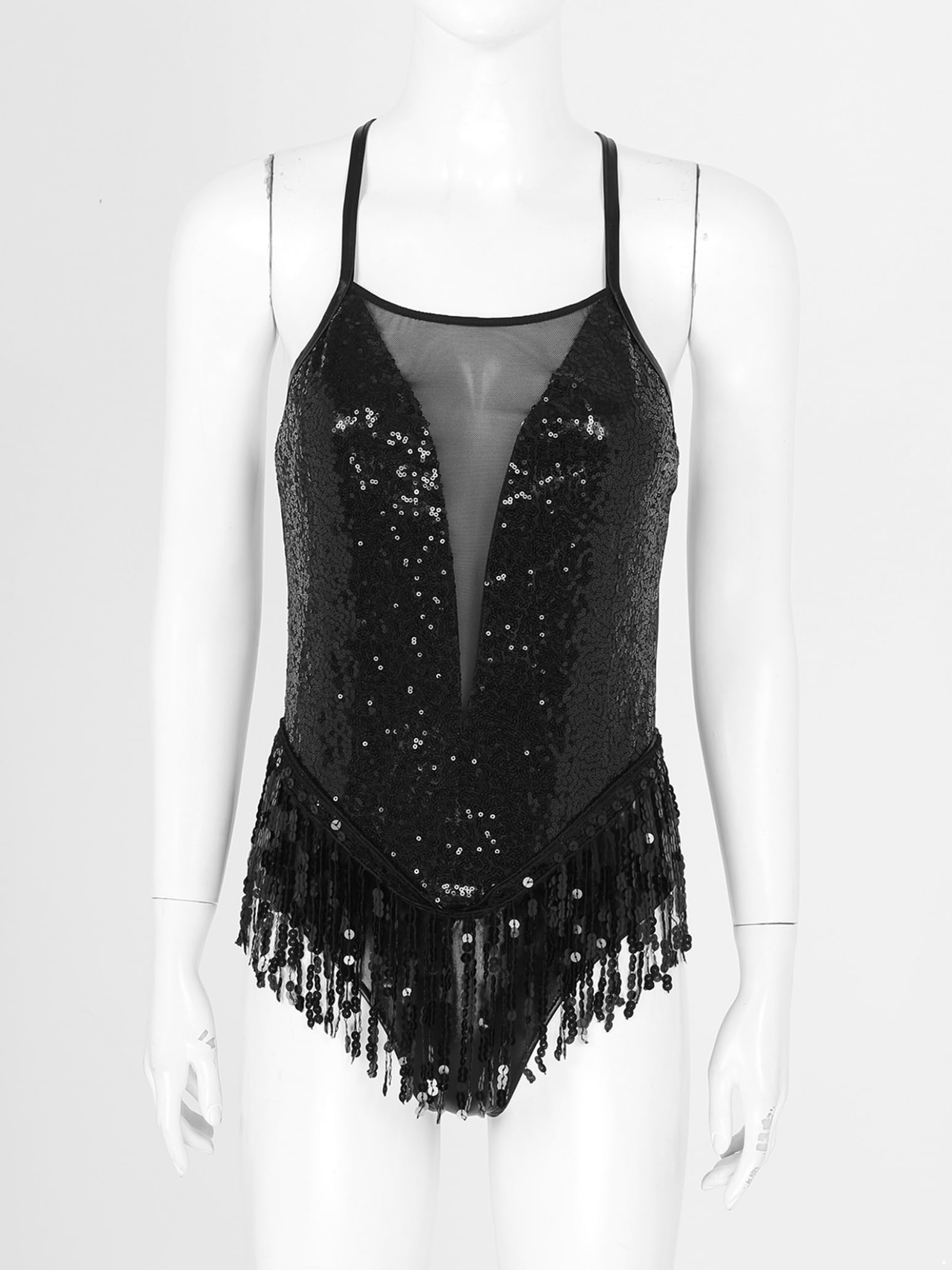 WinChang Womens Mesh Splice Sequin Leotard with Fringe for Latin Dance Gymnastics Bodysuit Black A Small