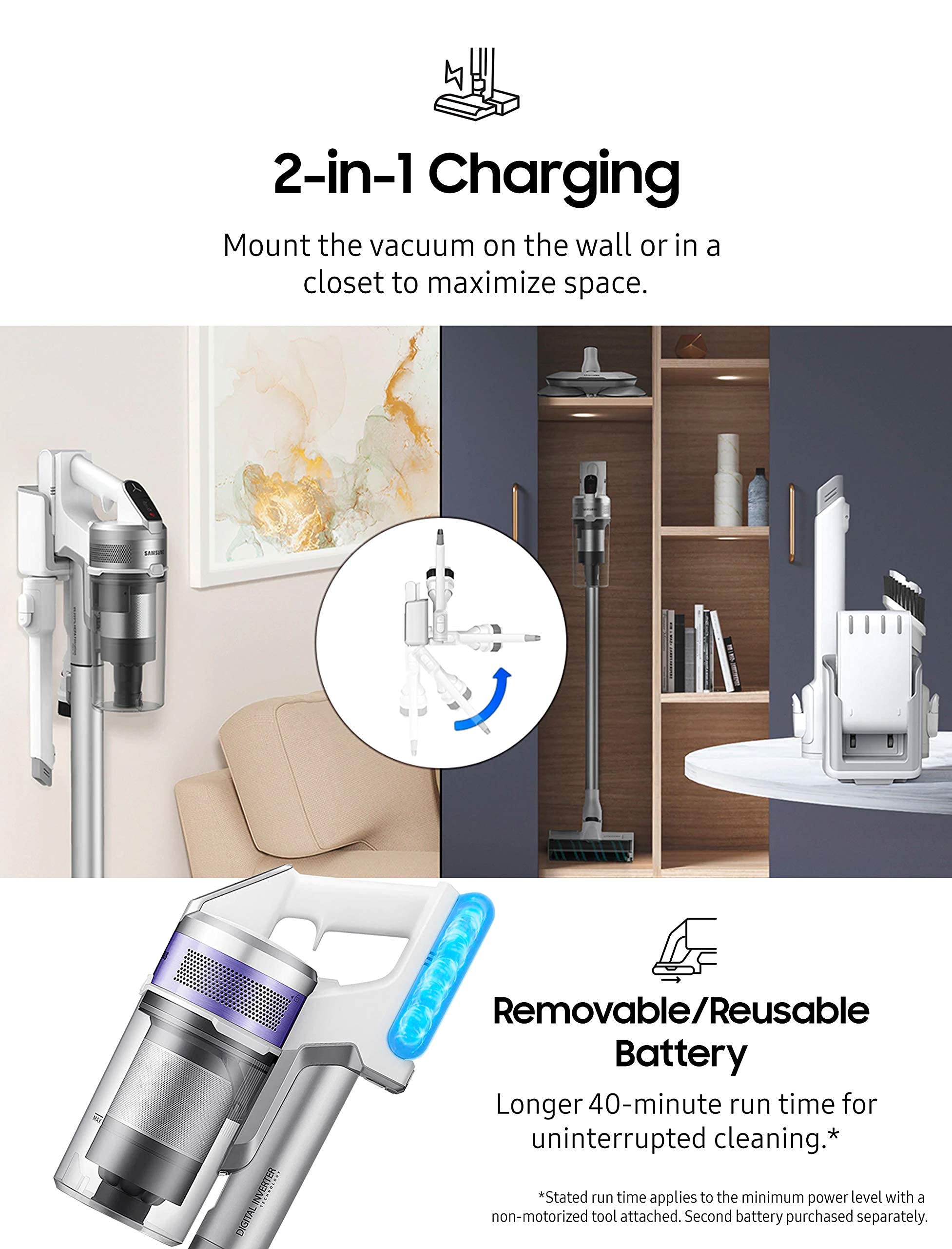 Samsung Jet 70 Pet Stick Lightweight Cleaner with Removable Long Lasting Battery and 150 Air Watt Suction Power Cordless Vacuum with Mini Motorized Tool (VS15T7032R4), Violet (Renewed)