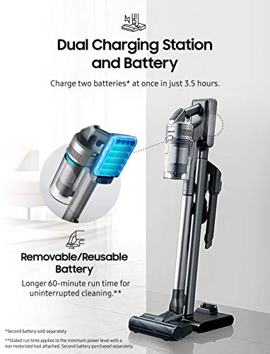 Samsung Jet 90 Cordless Stick Vacuum Long Lasting Battery and 200 Air Watt Suction Power, Complete with Telescopic Pipe, Titan Silver