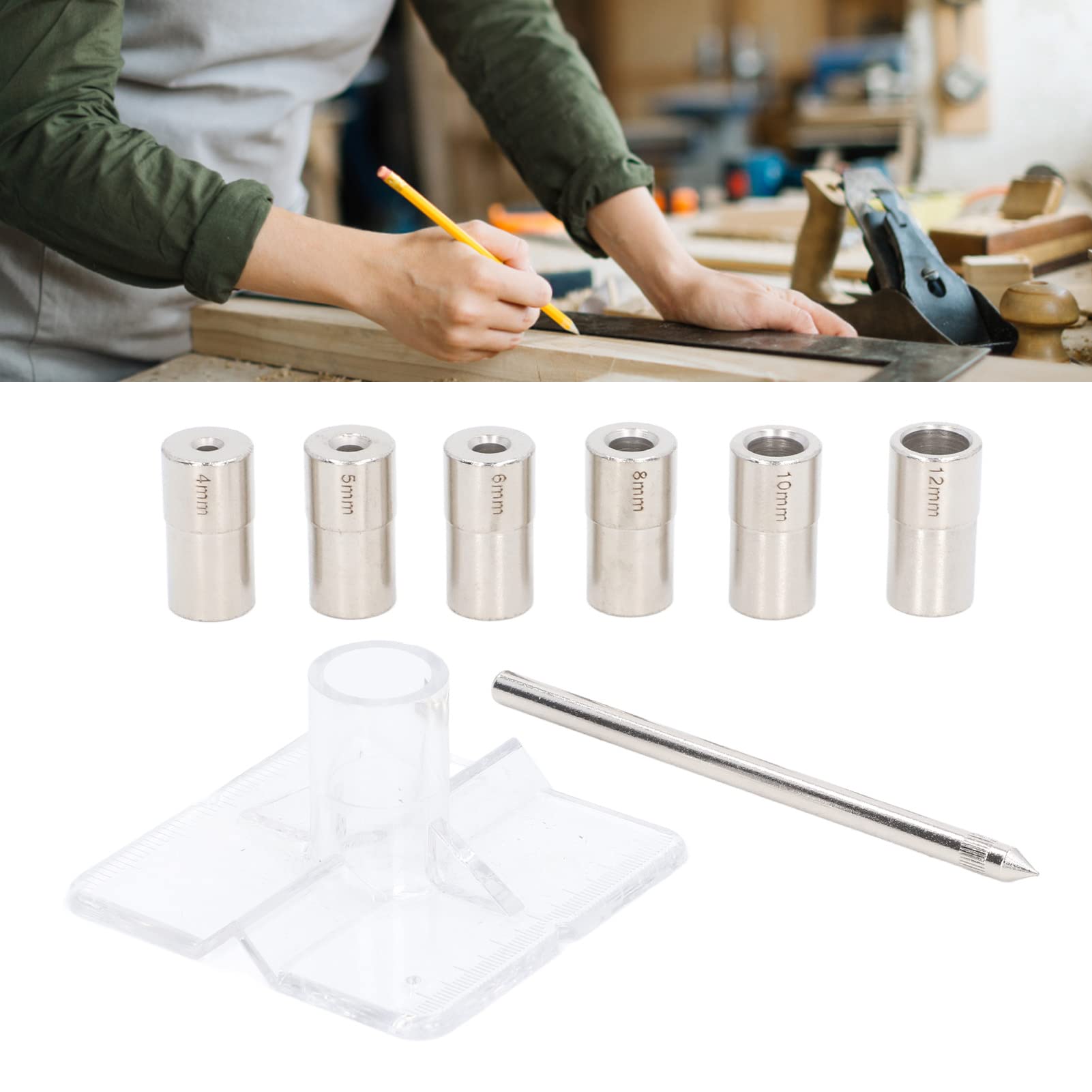 Orenic 8 Pcs Self Centering Dowel Jig Kit, 6 Size Inner Diameter Alloy Steel Drill Bushing Drill Bit Guide Centering Punch Set, Drill Guide Bushings Set, Wood Dowel Jig Woodworking Joints Tools