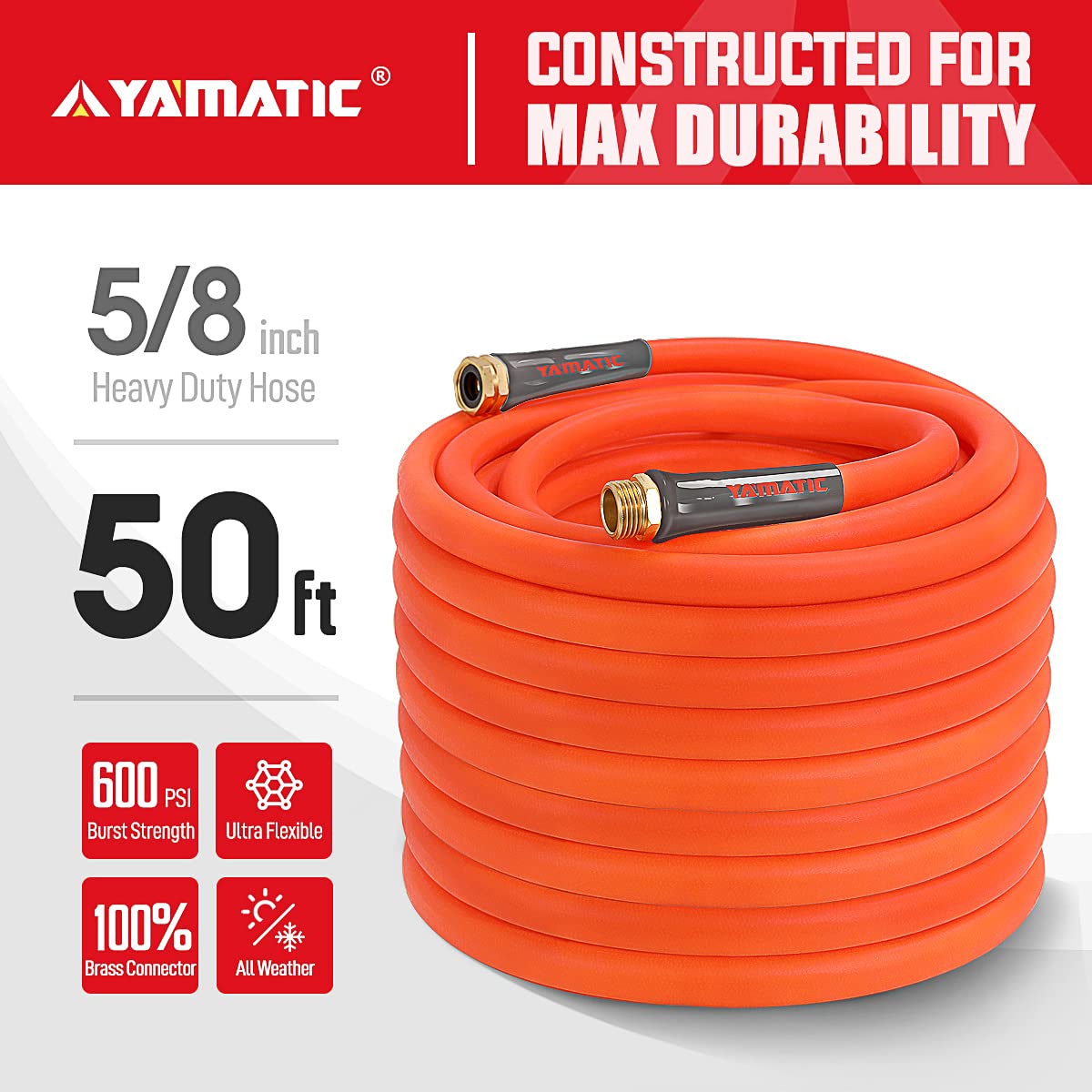 YAMATIC Heavy Duty Garden Hose 5/8 in x 50 ft with Swivel Fitting, Super Flexible Water Hose, All-weather, Lightweight, Burst 600 PSI
