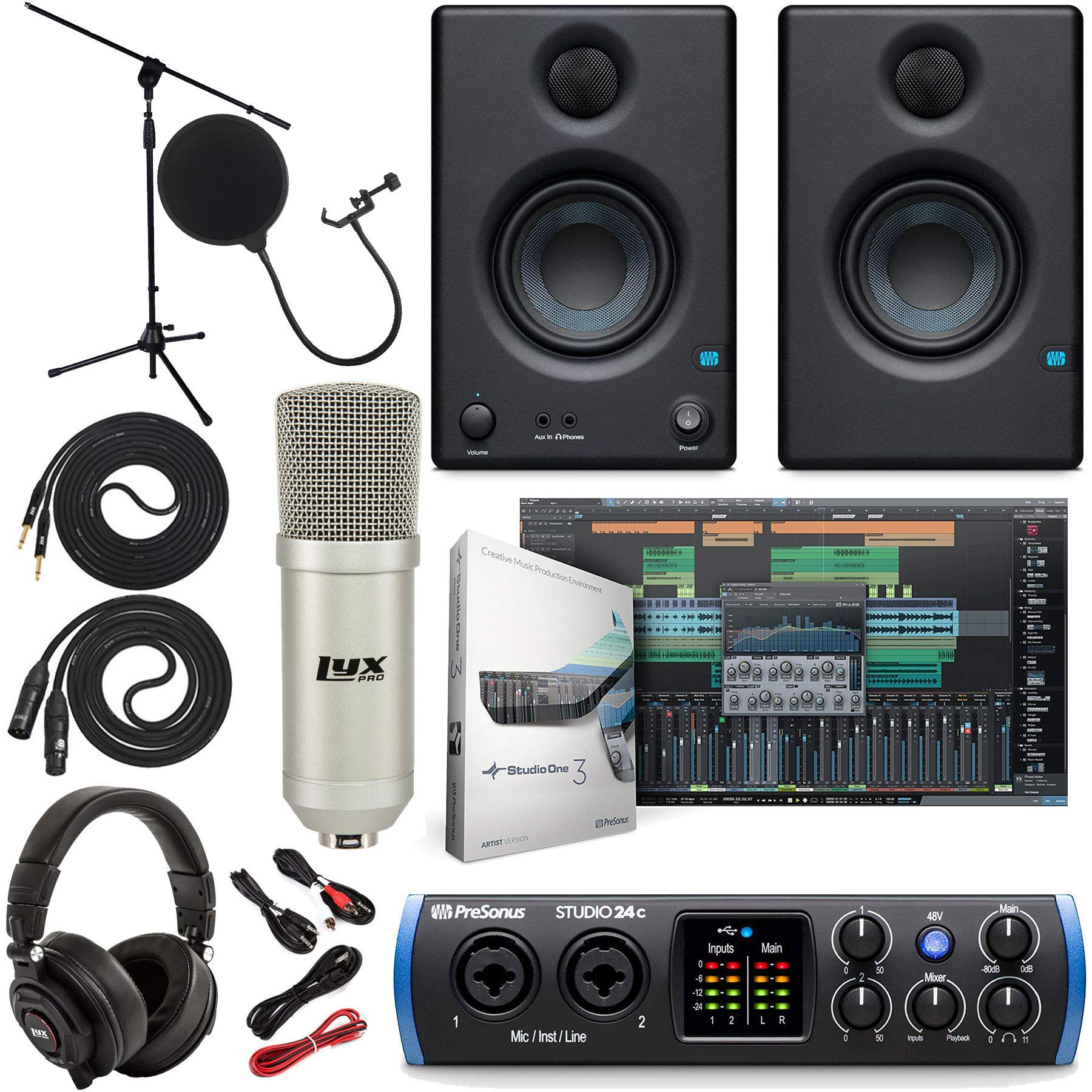 PreSonus Studio 24c 2x2 USB Type-C Audio/MIDI Interface w/Eris 3.5 Pair Studio Monitors and 1/4” TRS to TRS Instrument Cable and LyxPro Recording Bundle