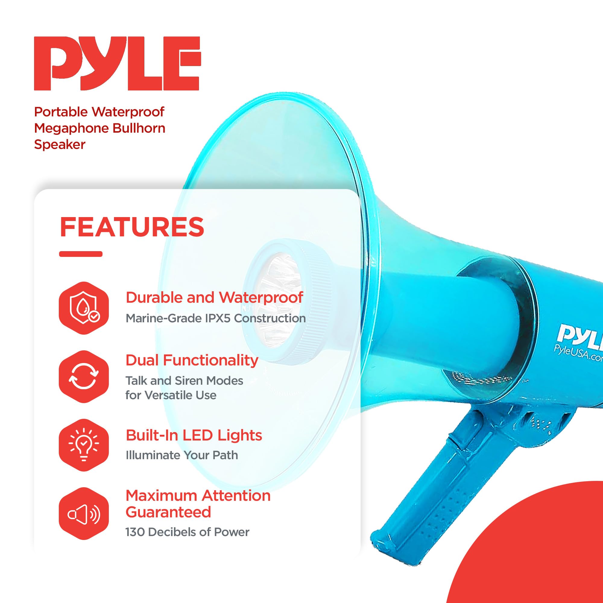 Pyle Compact and Portable Mega Phone Speaker - 40W Waterproof Bullhorn with Alarm Siren, Adjustable Volume, LED Flashlight, and AA Battery Power - Indoor/Outdoor Use for Cheering at Football Games
