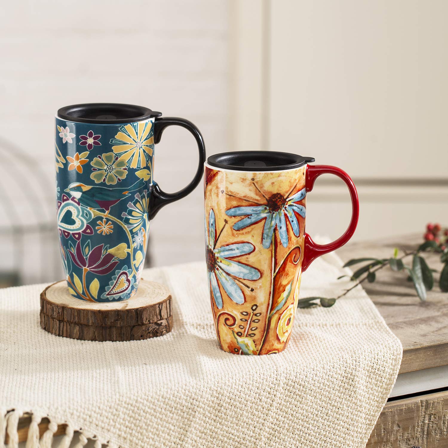 Topadorn 17 oz Tall Ceramic Travel Mug Coffee Cup with Sealed Lid,set of 2