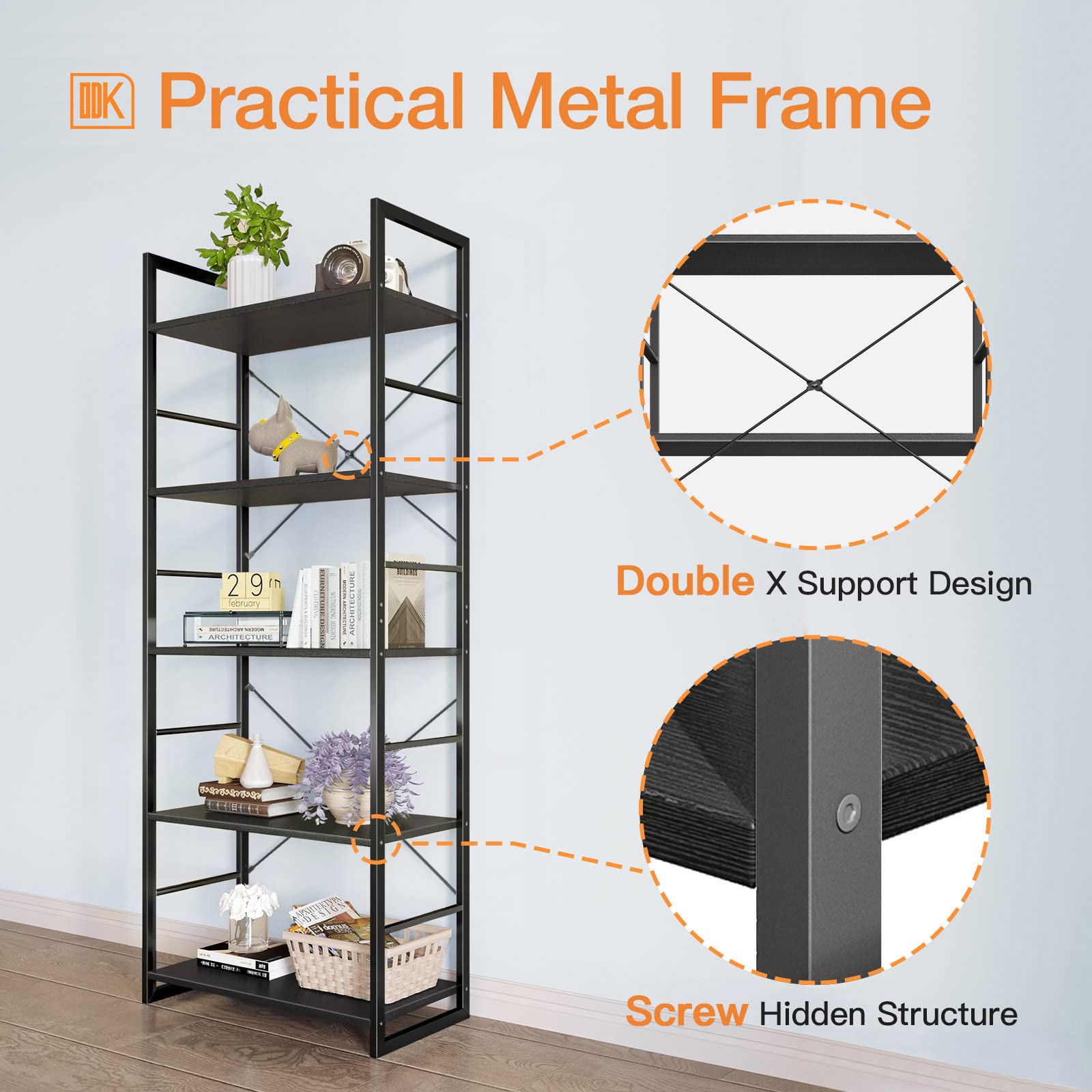 ODK 5 Tier Bookshelf, Industrial Open Bookcase Storage Organizer, Modern Tall Book Shelf for Bedroom, Living Room and Home Office, Black