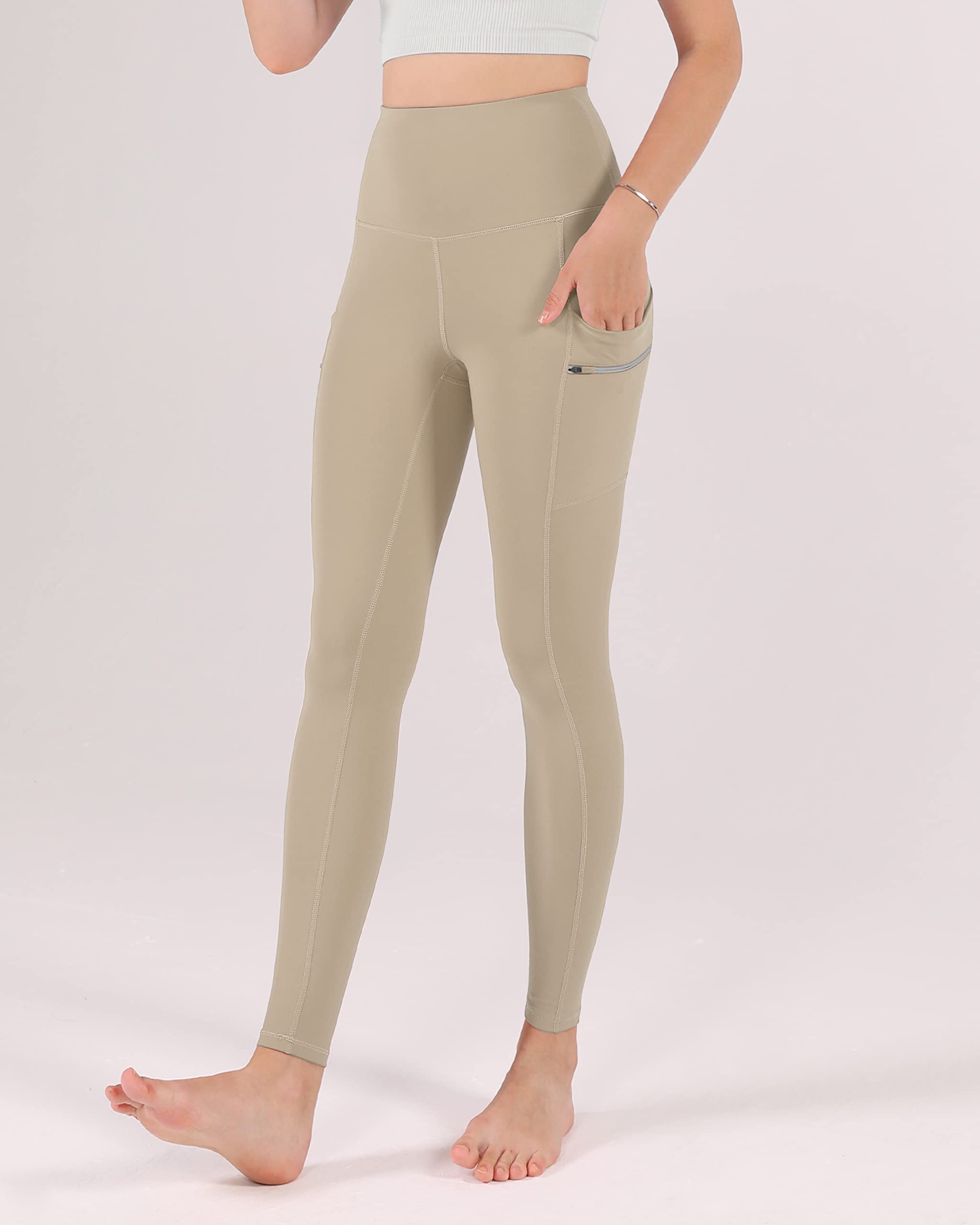 ODODOS Women's High Waisted Full-Length Dual Pockets Workout Leggings, Yoga Running Gym Athletic Leggings, Dark Beige, X-Large