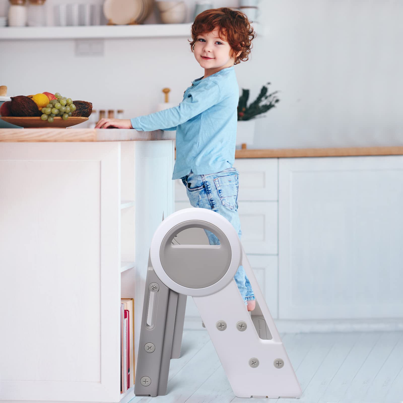 Step Ladder 3 Step Folding Toddler Step Stool for Kids Three Step Standing Tower for Kitchen Counter,Adjustable 3 Step Stools with Handles to 2 Step for Toilet Potty Training (Grey)