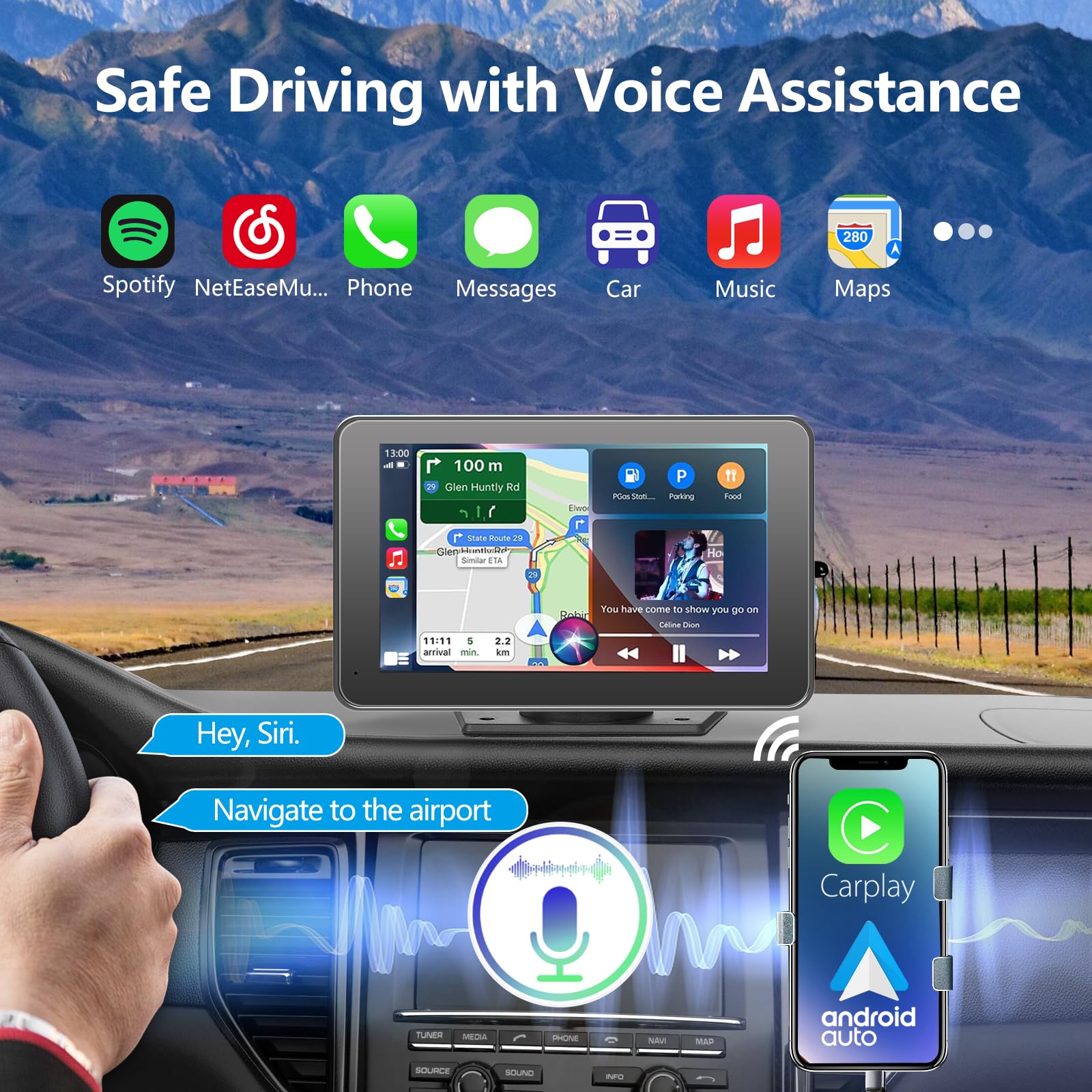 Portable Wireless Carplay Car Stereo - 7'' HD Touch Screen Carplay & Android Auto, 1080p Backup Camera, GPS Navigation Drive Mate with Mirror Link/AUX/FM/Bluetooth for All Vehicles