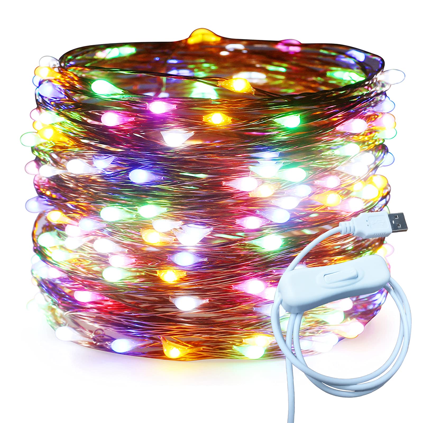 RUICHEN USB Fairy Lights 66 Ft 200 LED String Lights with ON/Off Switch, Waterproof Copper Wire Firefly Lights for Bedroom Wall Ceiling Wreath Christmas Easter Wedding Party (Multicolor)
