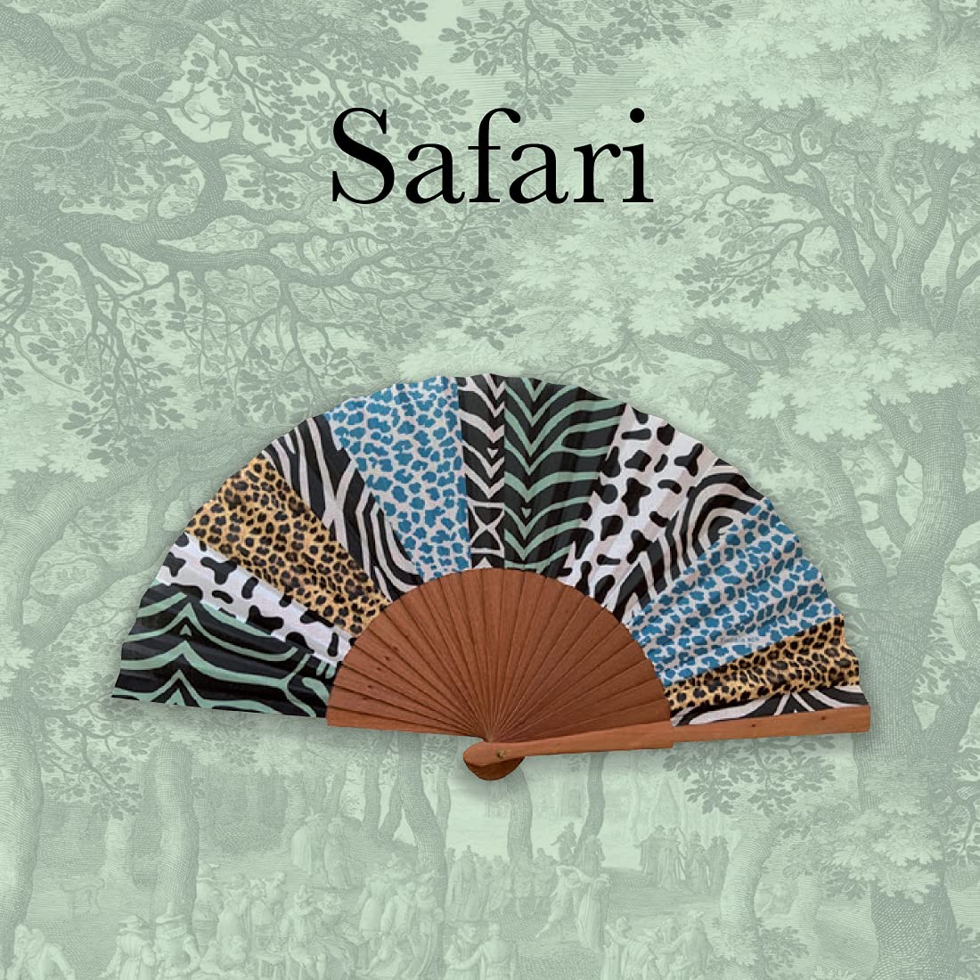 Tusitala Barcelona - Safari Hand Fan | Handcrafted Spanish Hand Fan | Cotton Fabric and Wood | Includes Protective Jute Cotton Bag | Authentic Gift | 23cm - 9”.