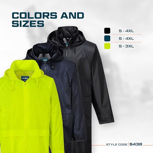 Portwest S438 Men's Waterproof Raincoat - Lightweight Long Rain Jacket with Hood and Pockets Navy, Large