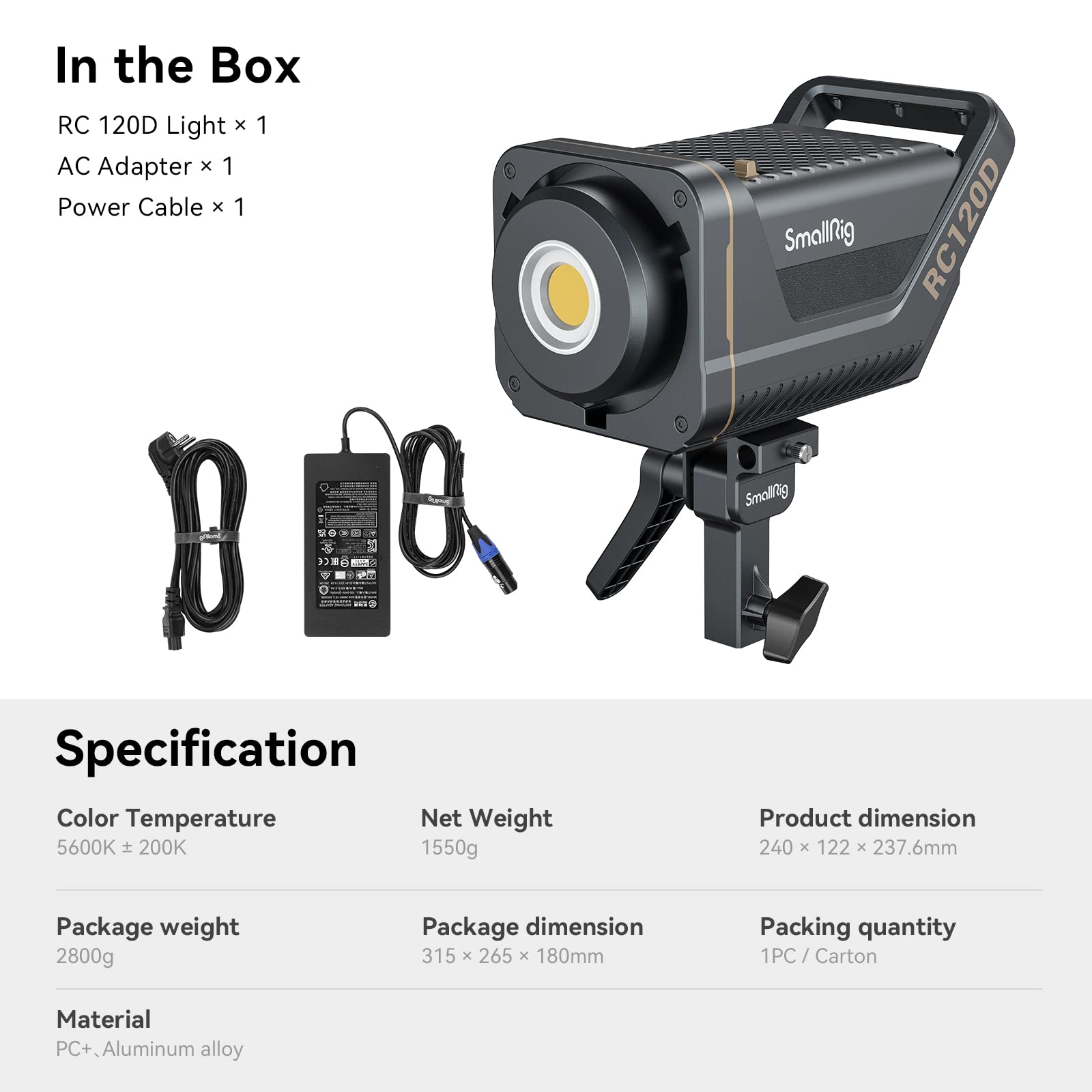 SmallRig RC 120D 120W COB LED Video Light, 5600K, 5370Lux@1m and SmallGoGo App Control, TLCI 96+ CRI 95+, 9 Lighting Effects, Support AC Adapter and 14.4V/26V V-Mount Battery- 4208