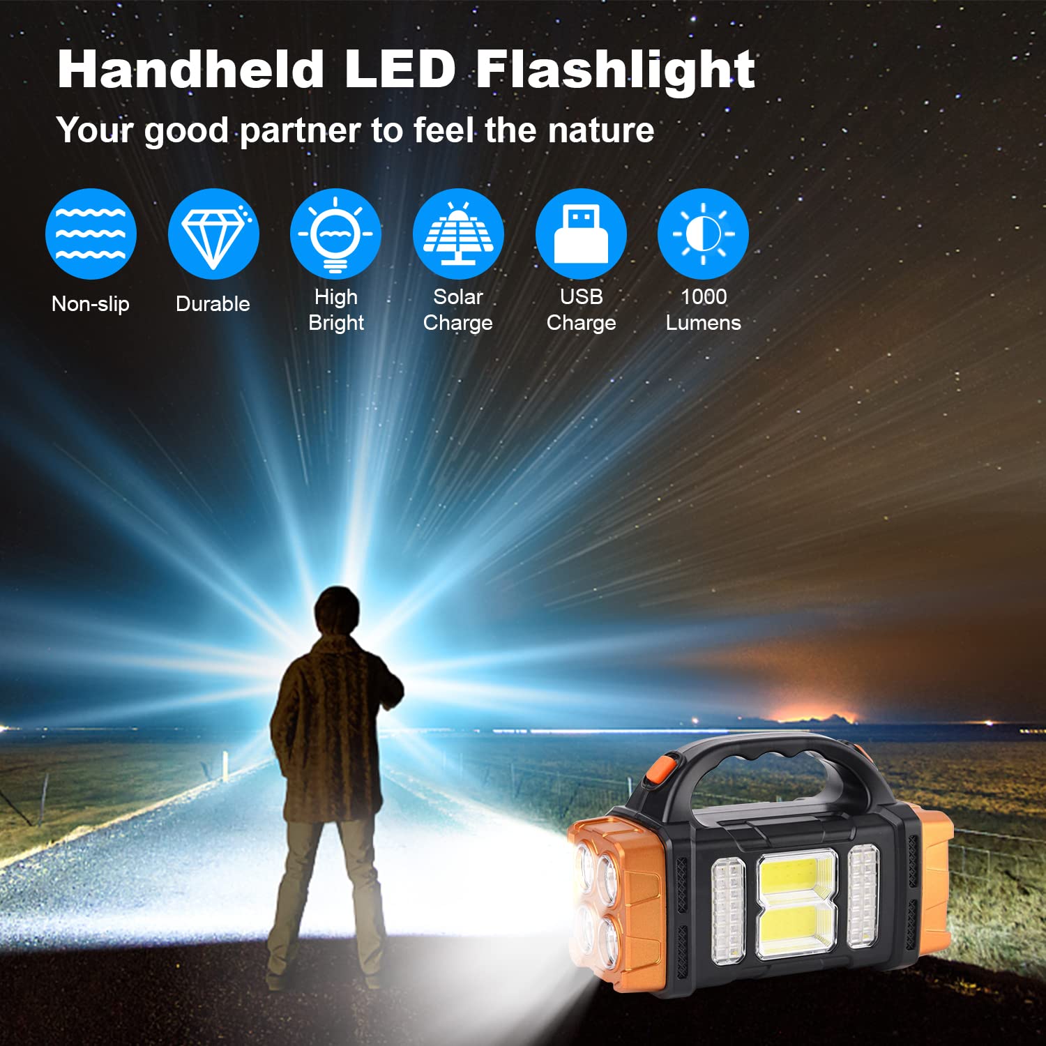 Two Side Solar Handheld Flashlight with COB Sidelight, High Bright 8 Modes Spotlight with USB Cable, Rechargeable Portable LED Searchlight for Outdoor Hunting Boating Camping Emergencies, Small