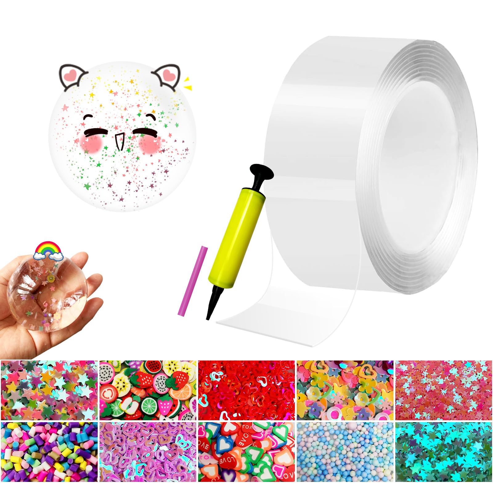 Reengull Nano Tape Bubble Kit - 9.8ft x 1.97” Nano Tape Kit with Balloon Pump and Color Sequin Bags, Clear Nano Tape Bubbles Super Elastic Nano Tape Squishy Kit for Kids Girls DIY (9.8 FT x 1.97 in)