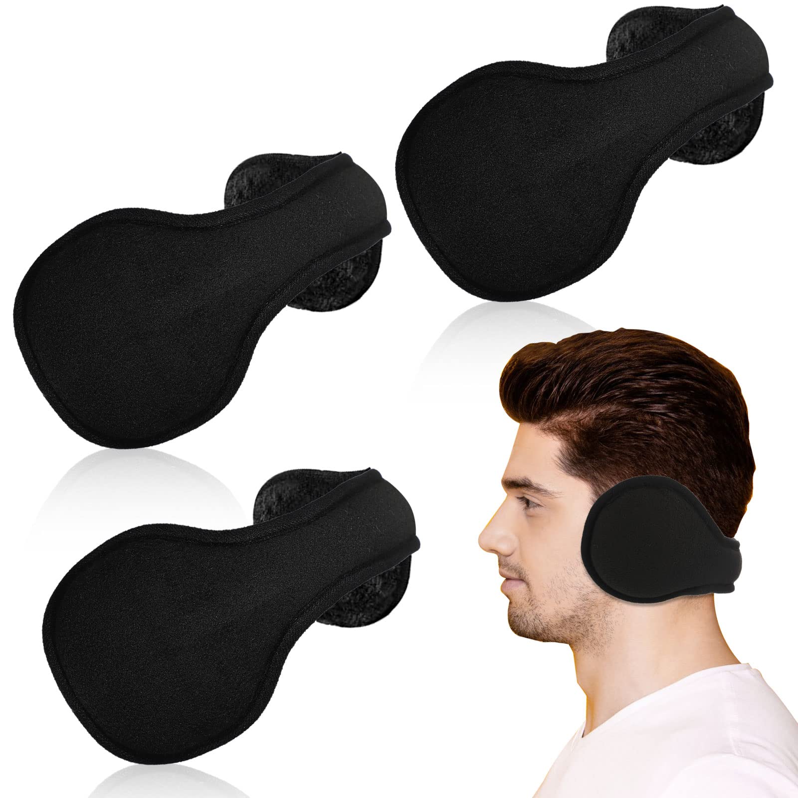 Winter Ear Muffs Unisex Foldable Ear Muffs Winter Ear Warmers Fleece Knits Behind the Head Ear Covers for Women Men Cold Weather (Black, 3 Pack)
