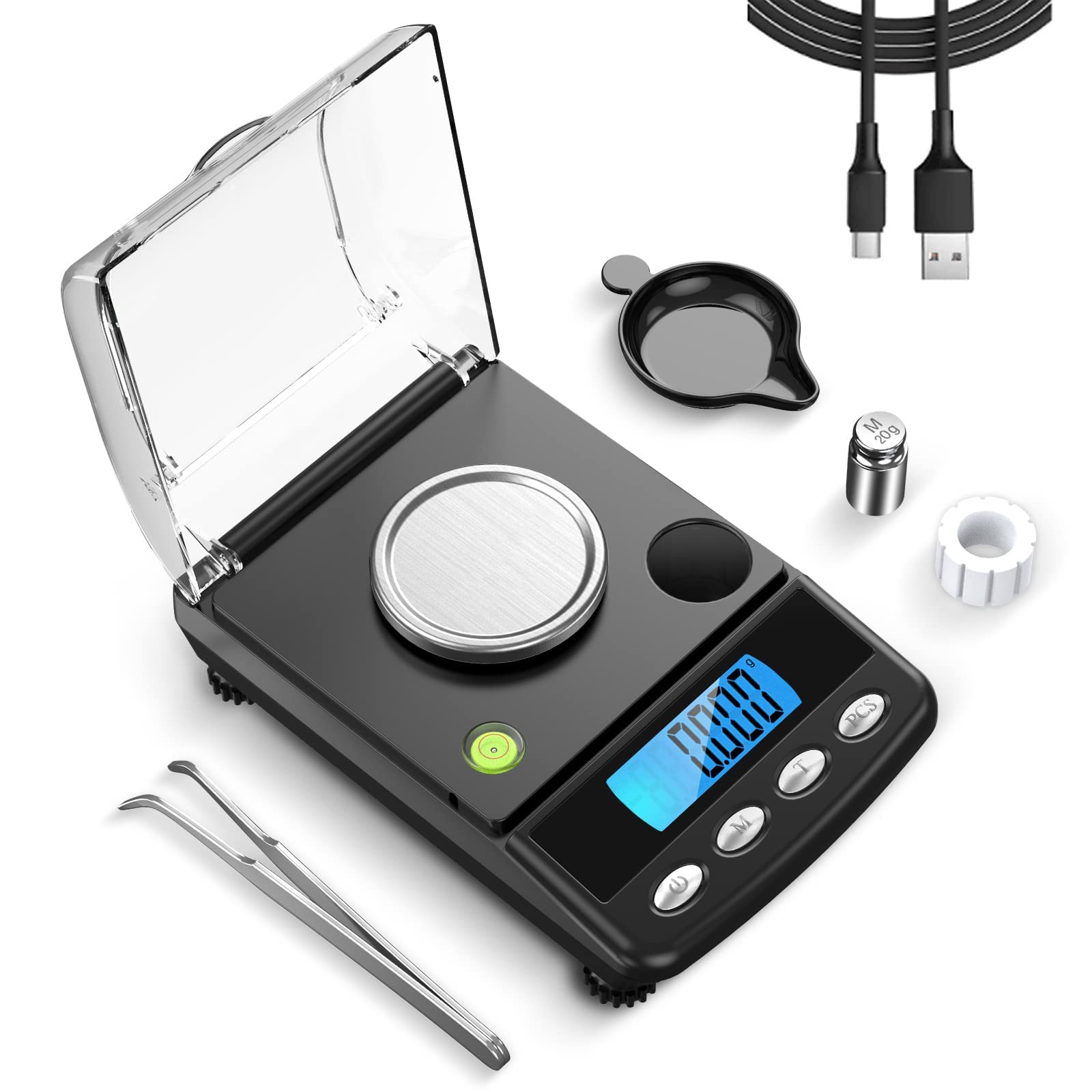 ORIA Digital Pocket Scale, Digital Milligram Scale, 0.001g/ 20g Mini Jewelry Weigh Scales with Calibration Weights Tweezers, Weighing Pans, LCD Display, USB Charging Cable for Kitchen, Office